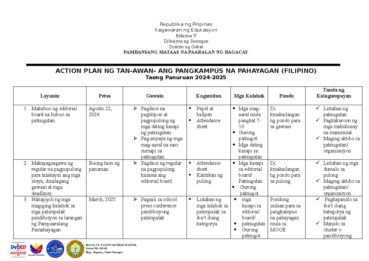 Action PLAN SA Pangkampus NA Pahayagan - Republika ng Pilipinas ...