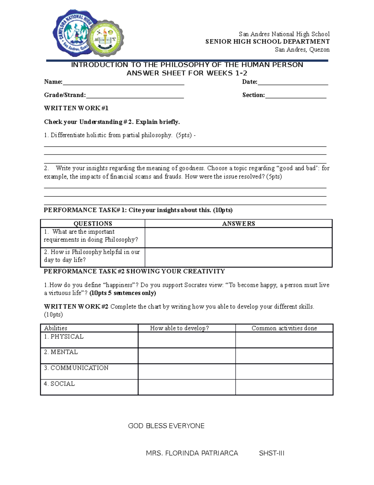 Answer Sheet IN Philo mod - San Andres National High School SENIOR HIGH SCHOOL DEPARTMENT San ...