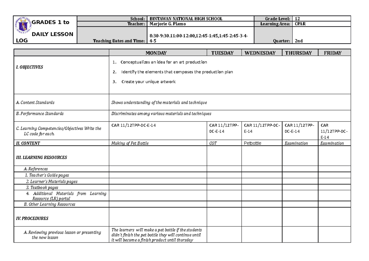 DLL exam - CONTEMPORARY ARTS FROM THE REGION - GRADES 1 to 12 DAILY ...