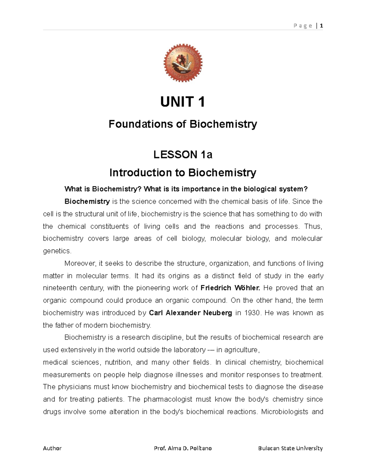 Intro to Biochemistry - P a g e | 1 UNIT 1 Foundations of Biochemistry ...