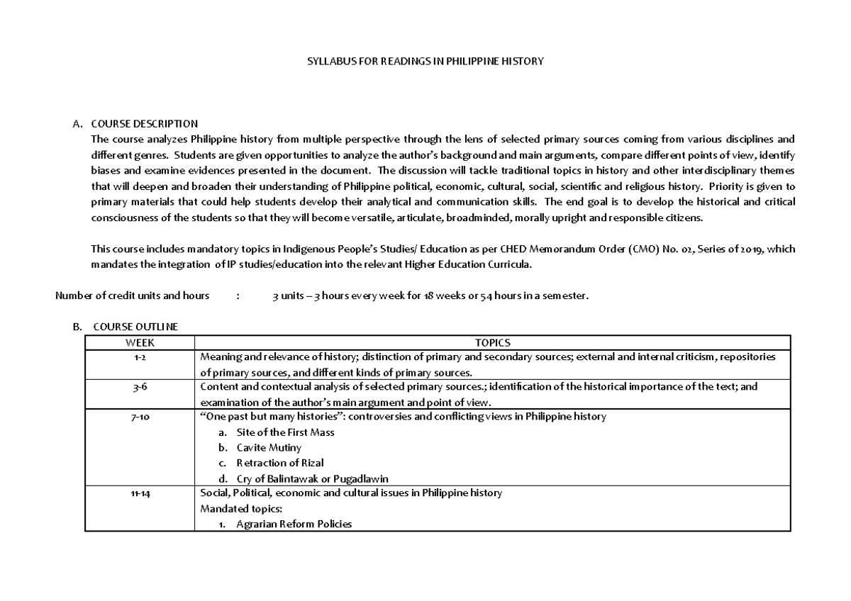 Readings - OBE course syllabus - SYLLABUS FOR READINGS IN PHILIPPINE ...