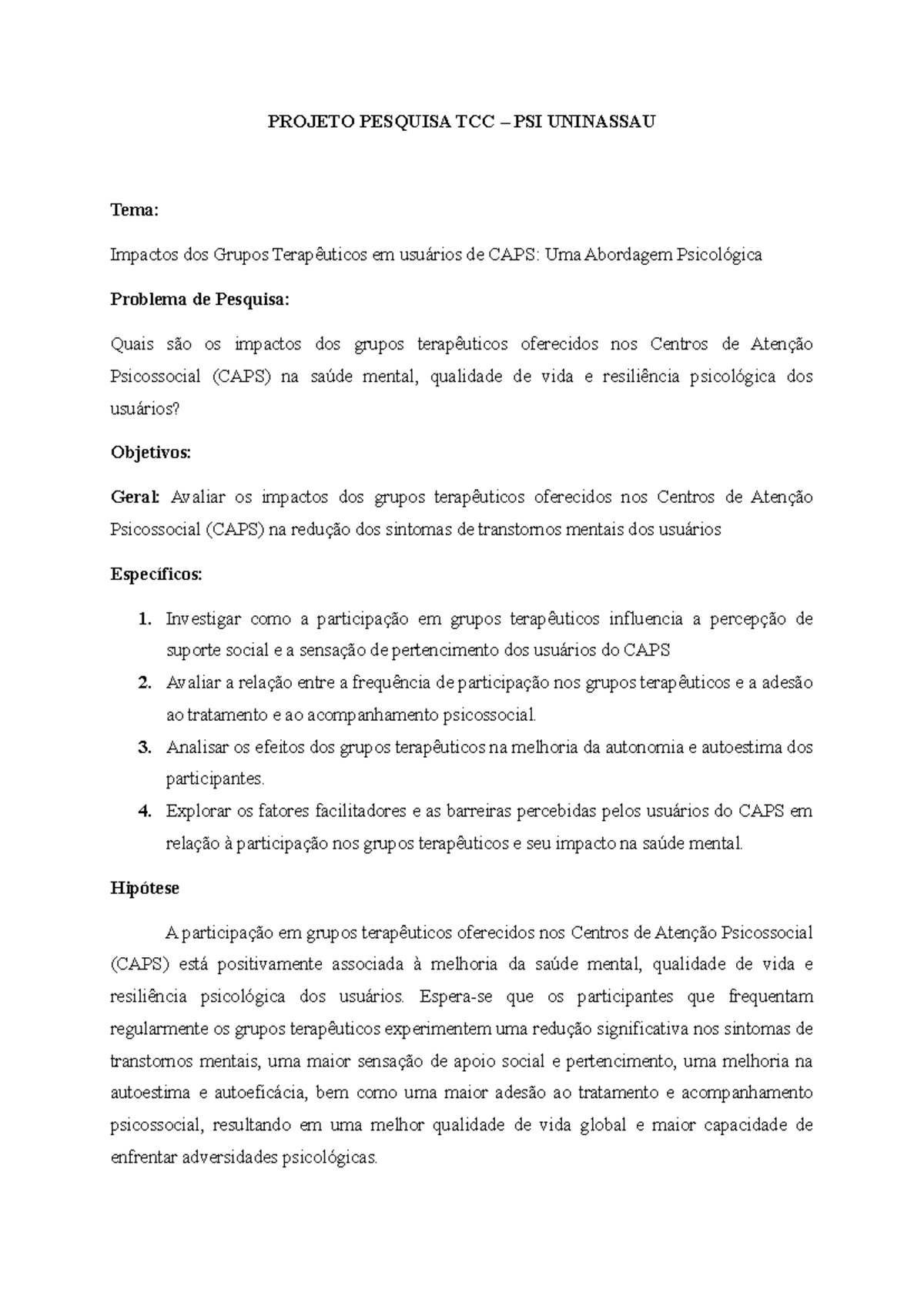 Projeto Pesquisa TCC - Resumo Tcc II - Uninassau - PROJETO PESQUISA TCC – PSI UNINASSAU Tema ...