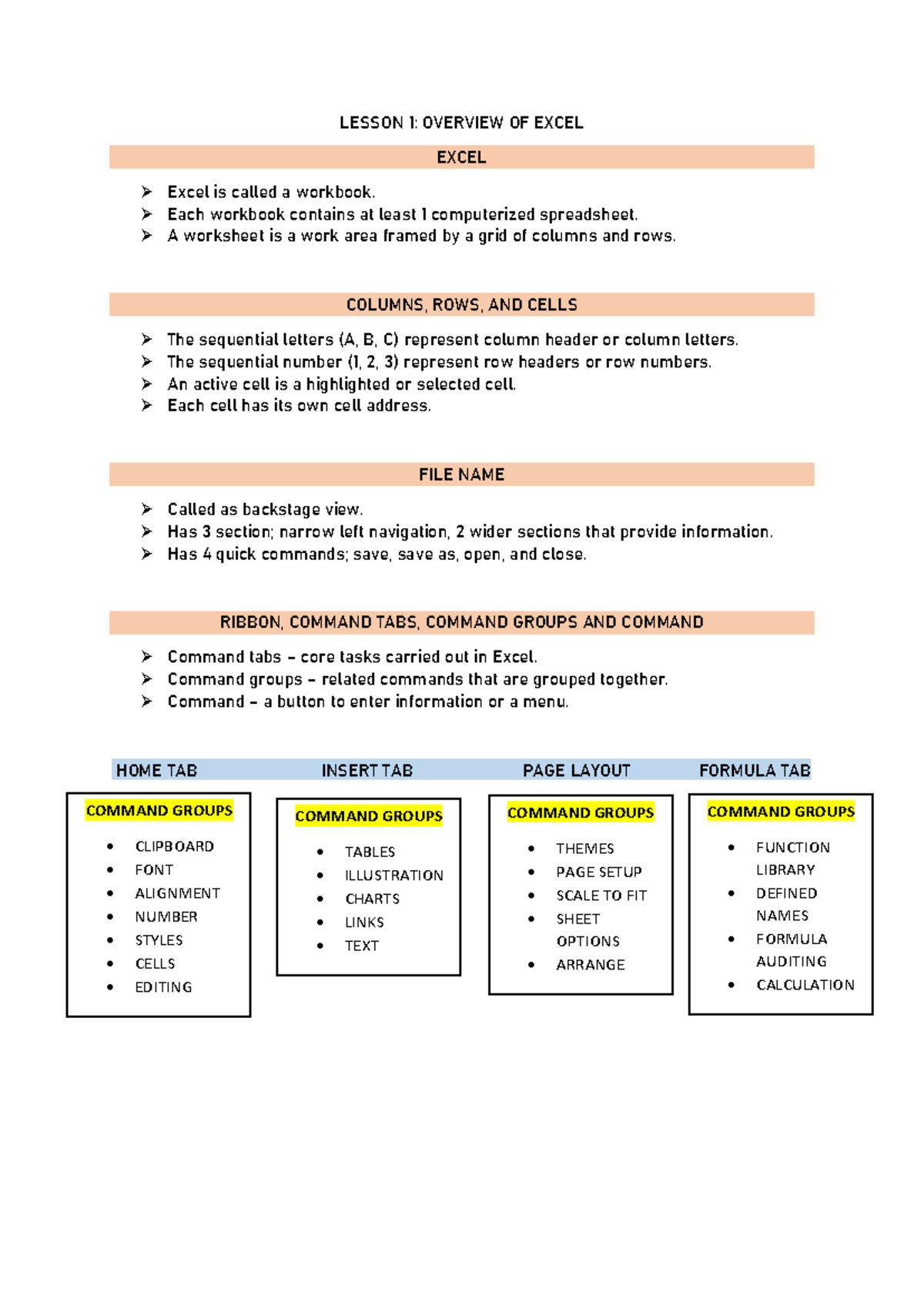 AIS205 - Notes ON Excel - LESSON 1: OVERVIEW OF EXCEL EXCEL Excel is ...