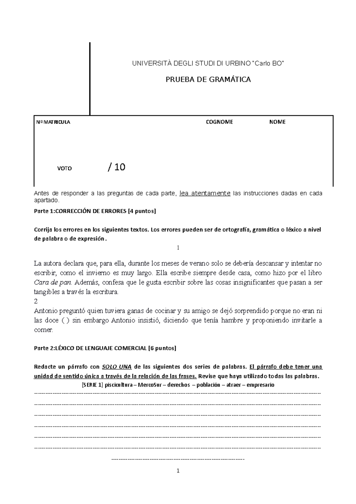 Prueba de Gramática docx - UNIVERSITÀ DEGLI STUDI DI URBINO “Carlo BO ...