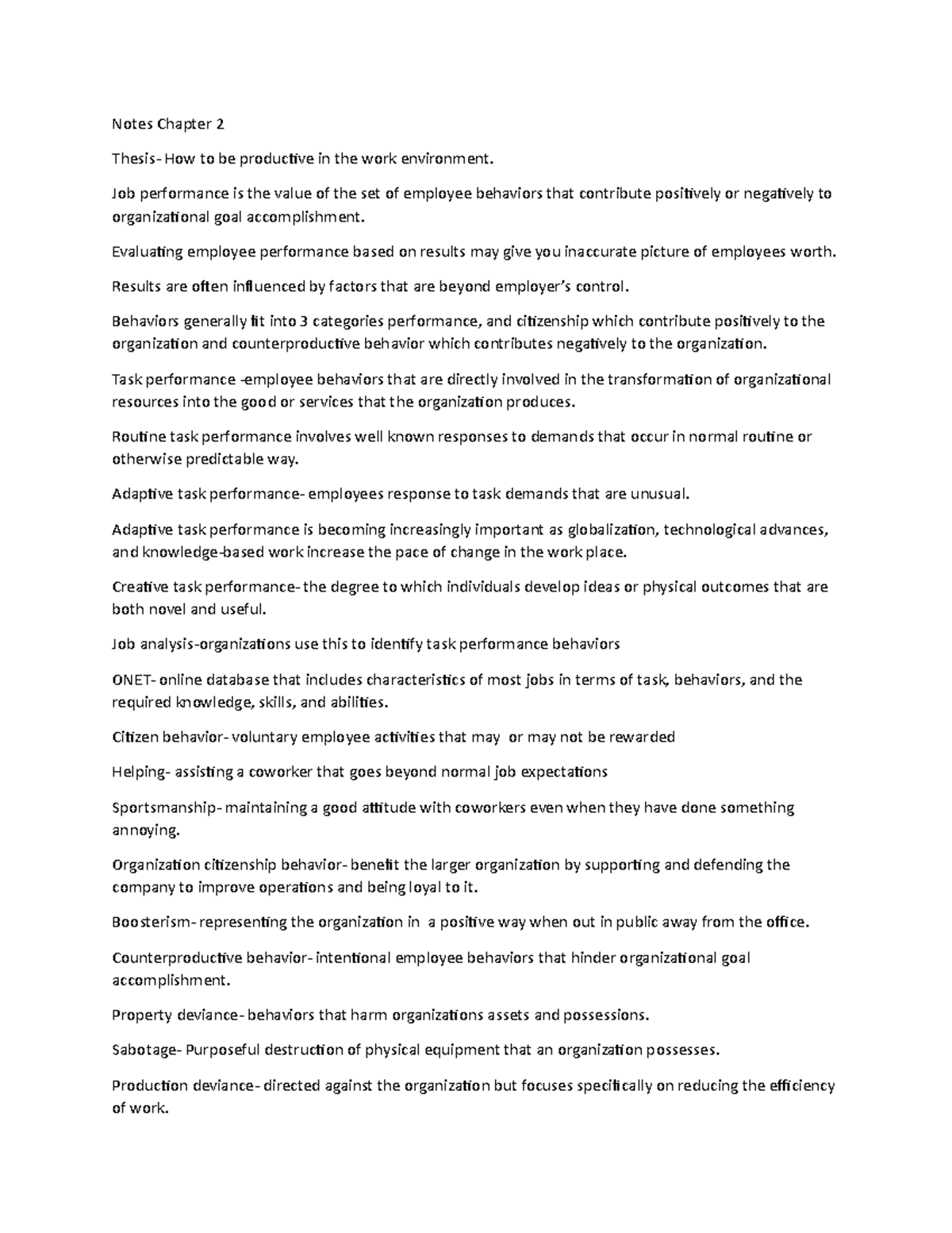 Notes Chapter 2 - Job performance is the value of the set of employee ...