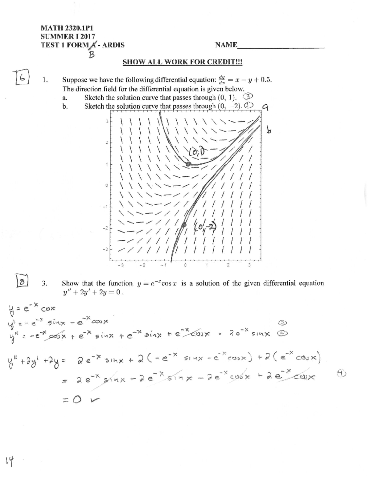 TEST 1 FORM B - MATH 2320 SUMMER I 2017 TEST 1 FORM / - ARDIS NAME B ...