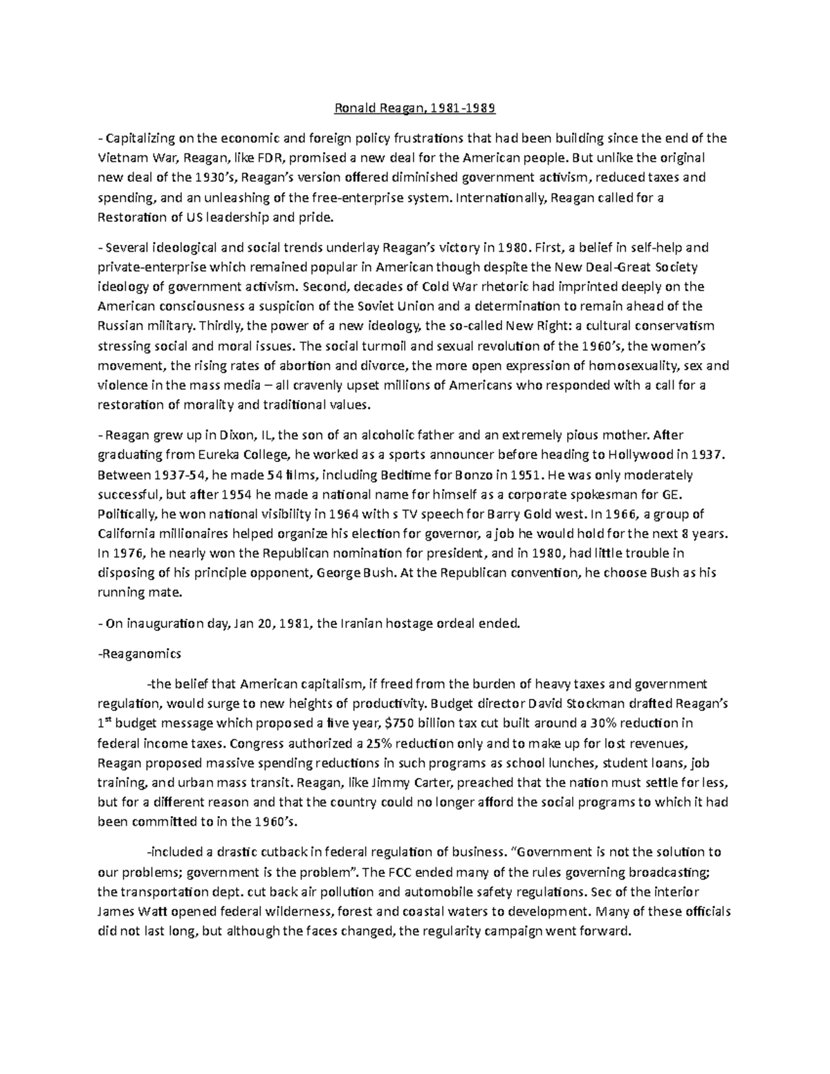 Civ Ronald Reagan notes - Ronald Reagan, 1981- Capitalizing on the ...