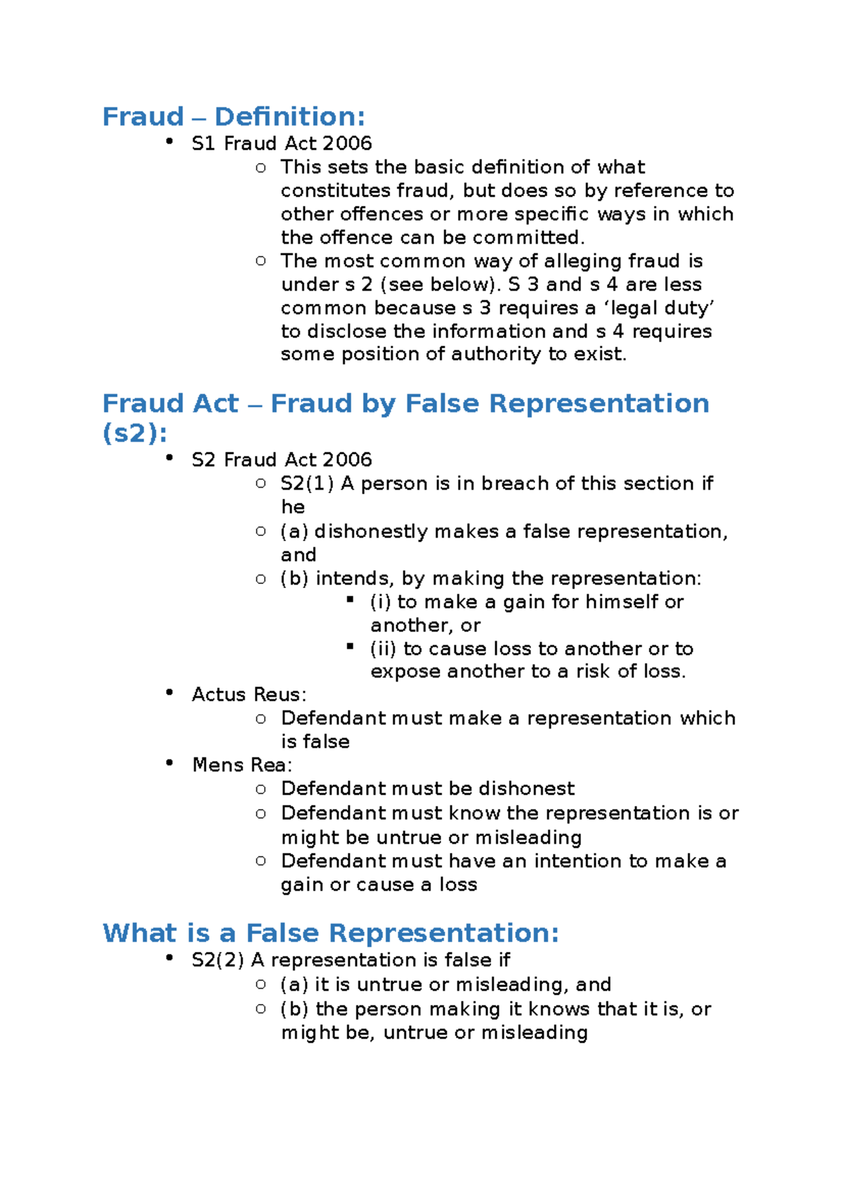 Fraud - Lecture notes 15 - Fraud – Definition: S1 Fraud Act 2006 o This ...