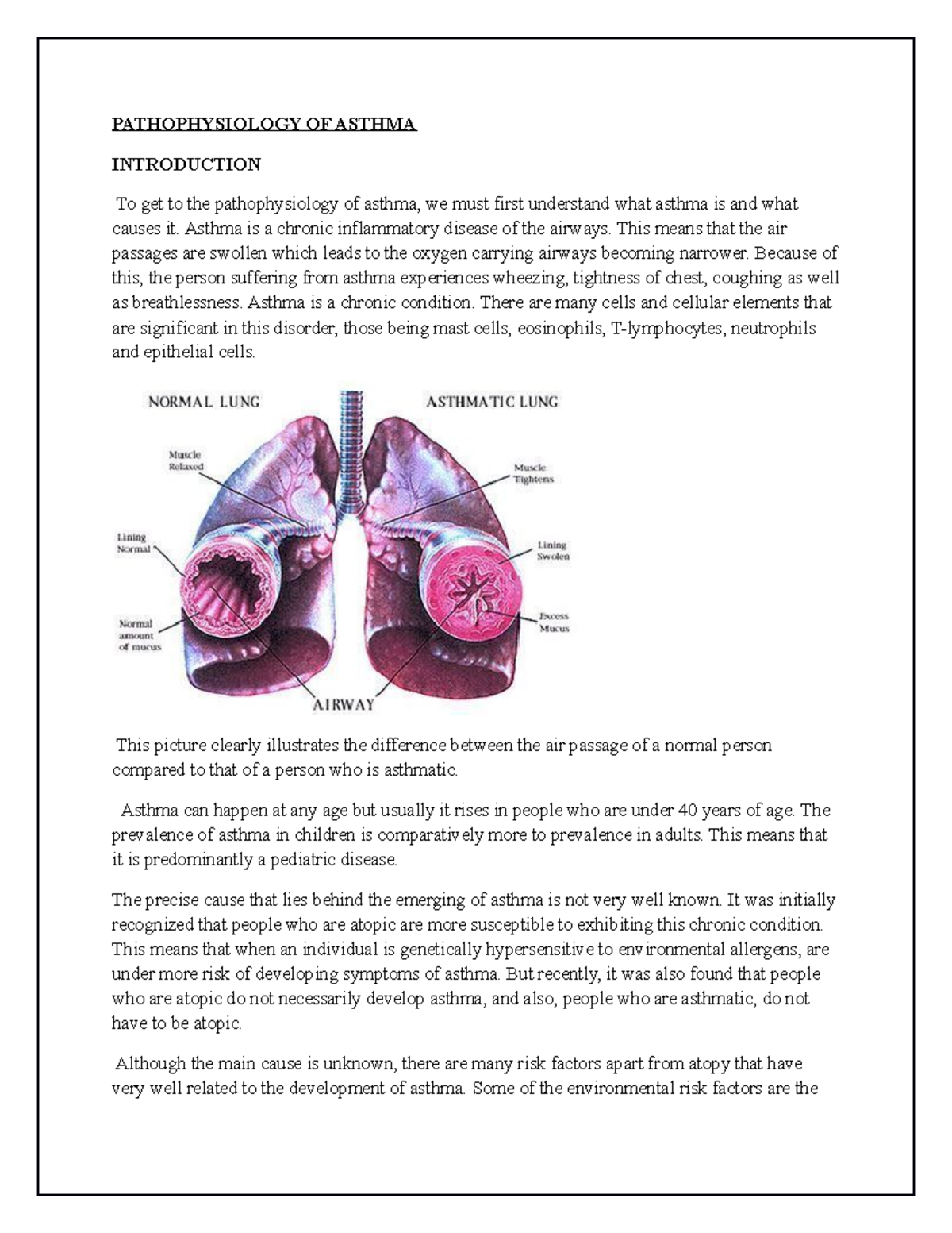 Pathophysiology OF Asthma - PATHOPHYSIOLOGY OF ASTHMA INTRODUCTION To ...