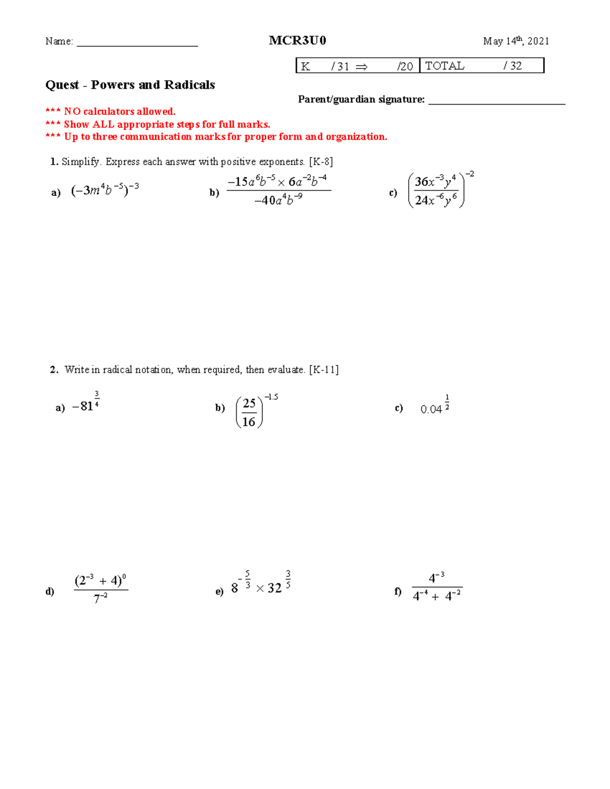 Quest- Powers and Radicals Quad 4 2021 - Name ...
