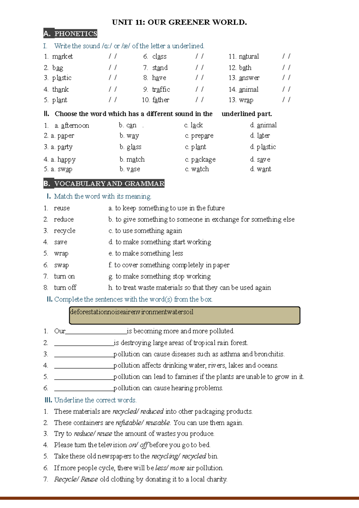 UNIT 11 ngay 8th G10 - Unit 11 - UNIT 11: OUR GREENER WORLD. A ...