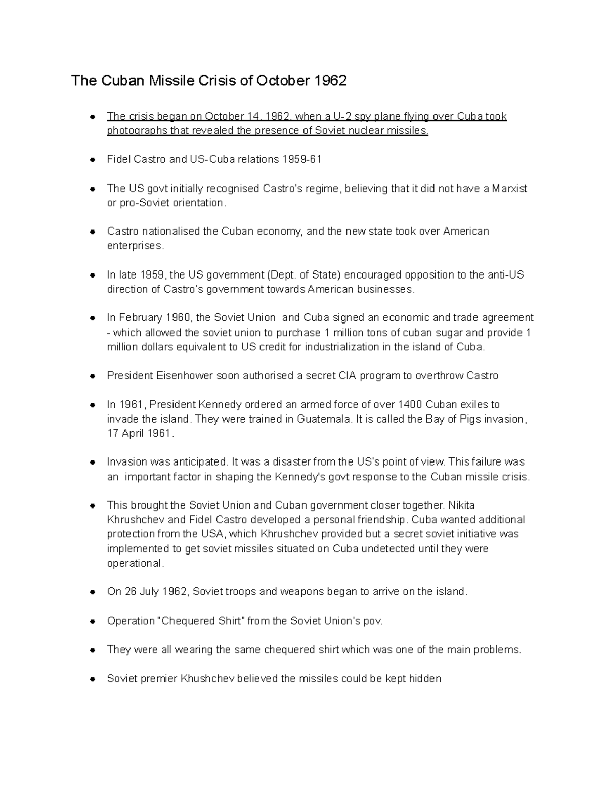 Hist103 notes term2 - The Cuban Missile Crisis of October 1962 The ...