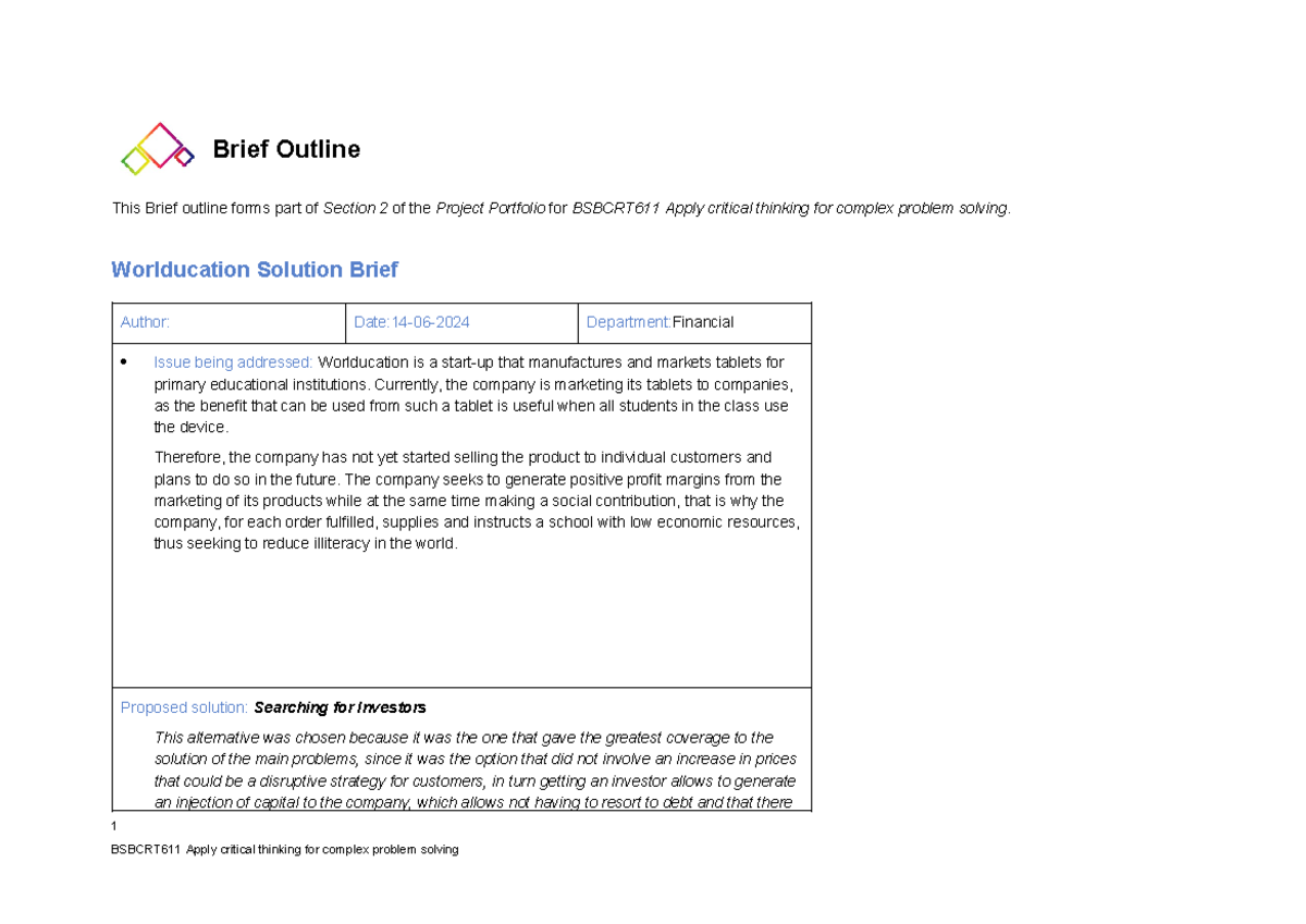 Bsbcrt 611 Brief Outline - Copy - Brief Outline This Brief outline ...