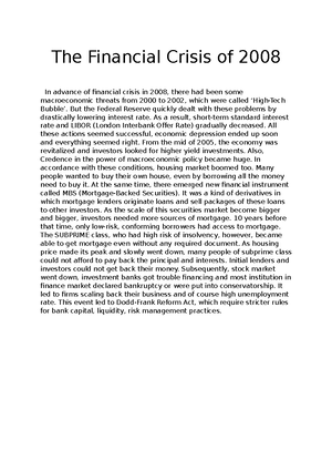 Homework 1 - Summary of the 2008 financial crisis - SUMMARY OF THE 2008 ...