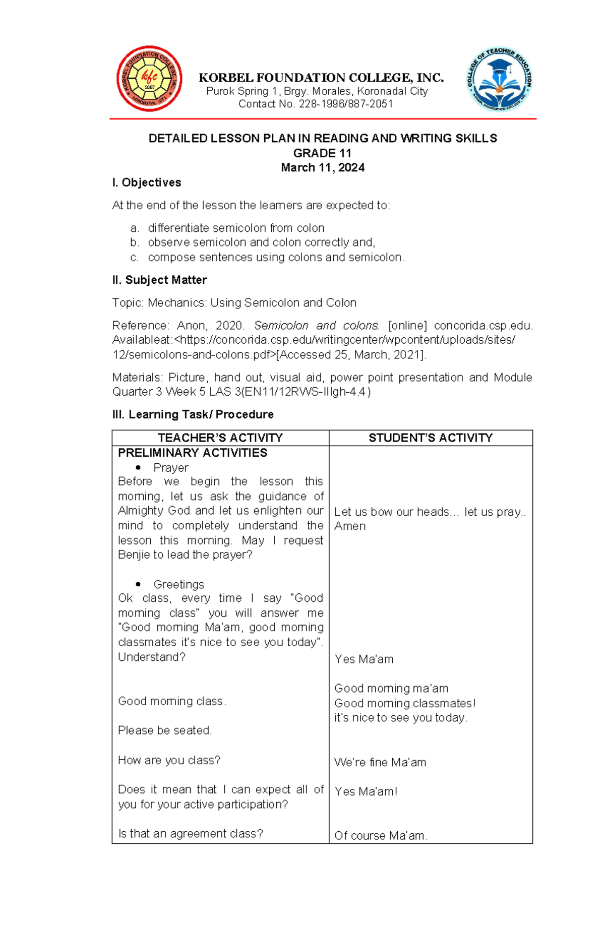 LP March 11-Calipayan - Lesson Plan - KORBEL FOUNDATION COLLEGE, INC ...