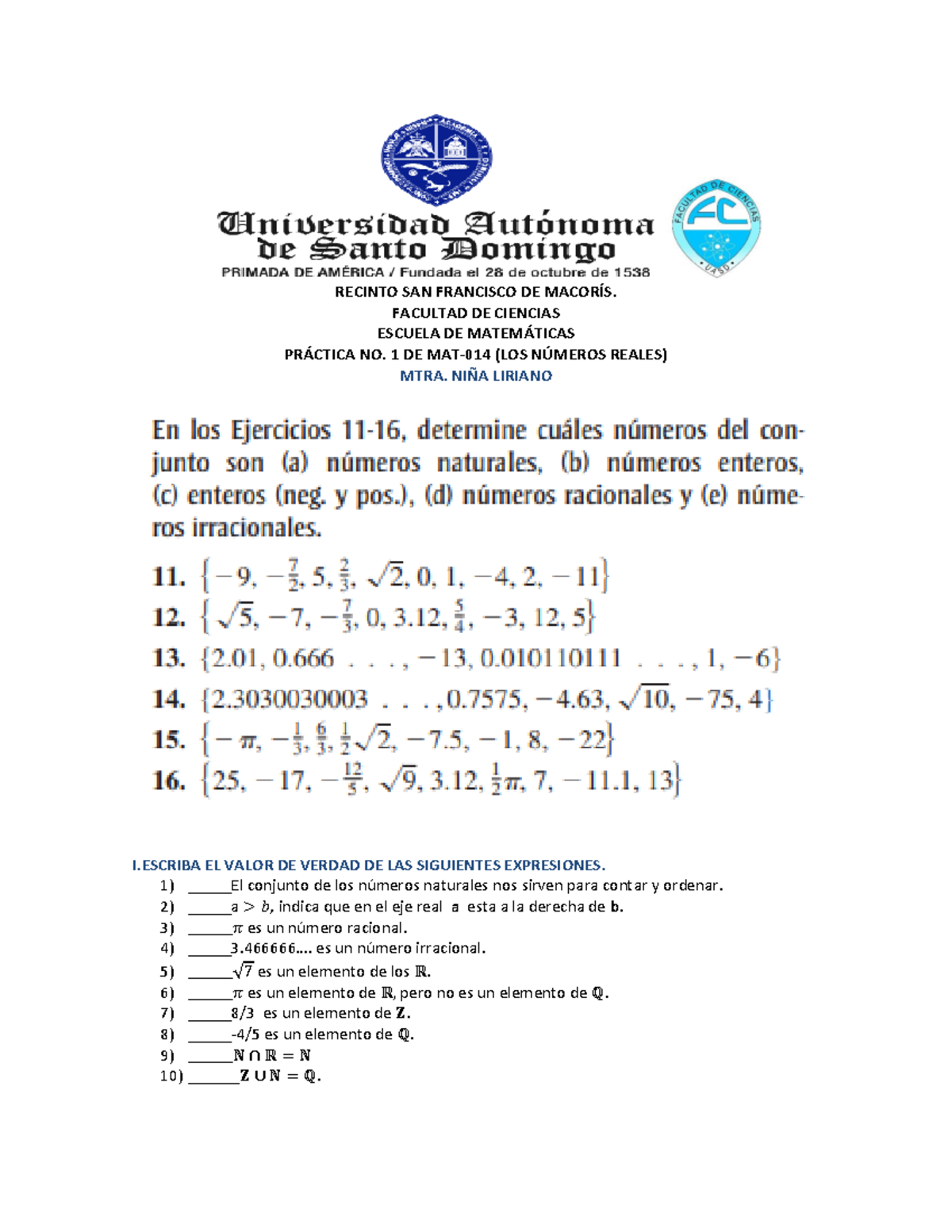 Práctica 1. Los Números Reales - RECINTO SAN FRANCISCO DE MACORÍS ...