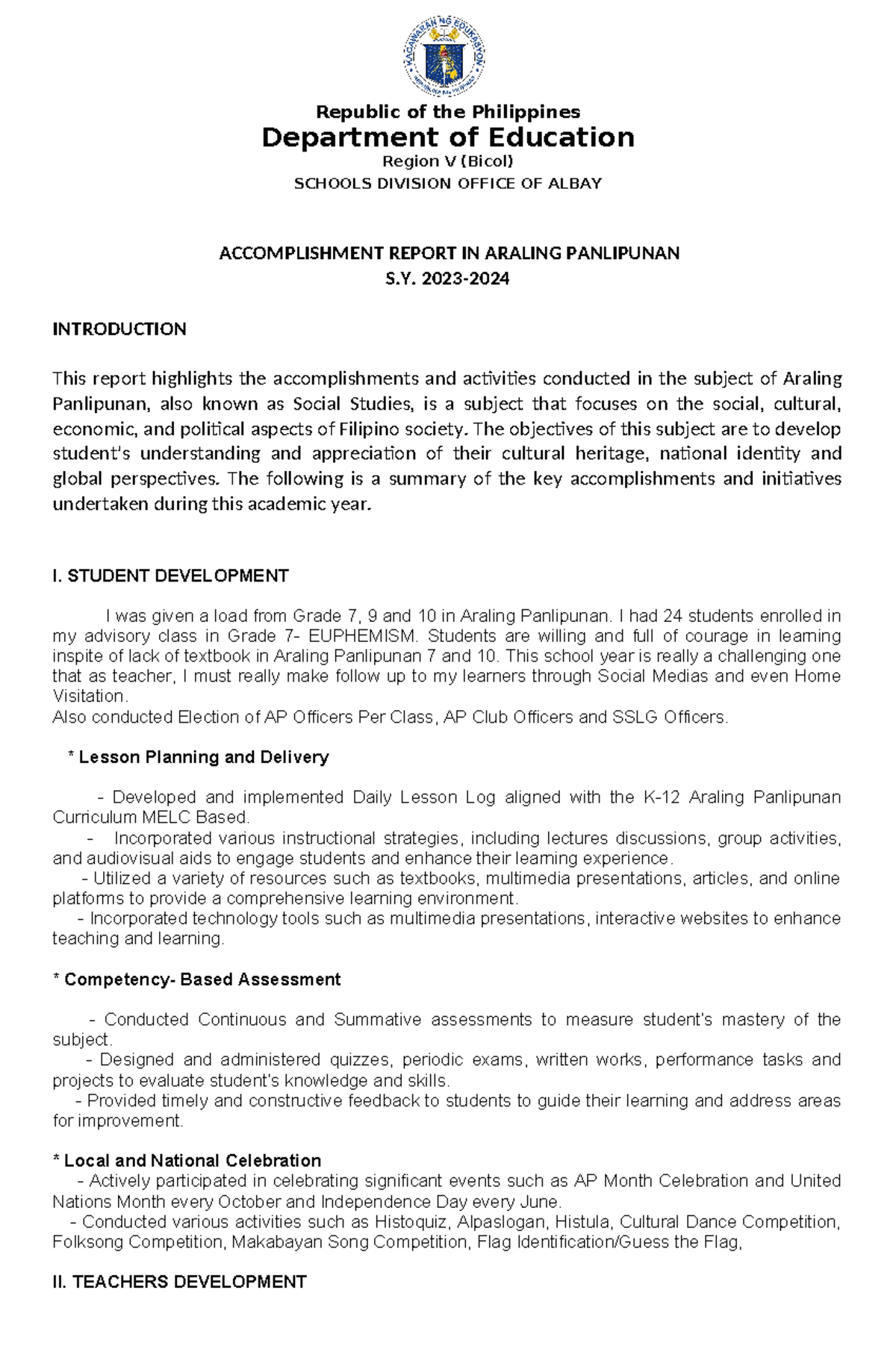 Ap accomplishment report 2023-2024 - Republic of the Philippines ...