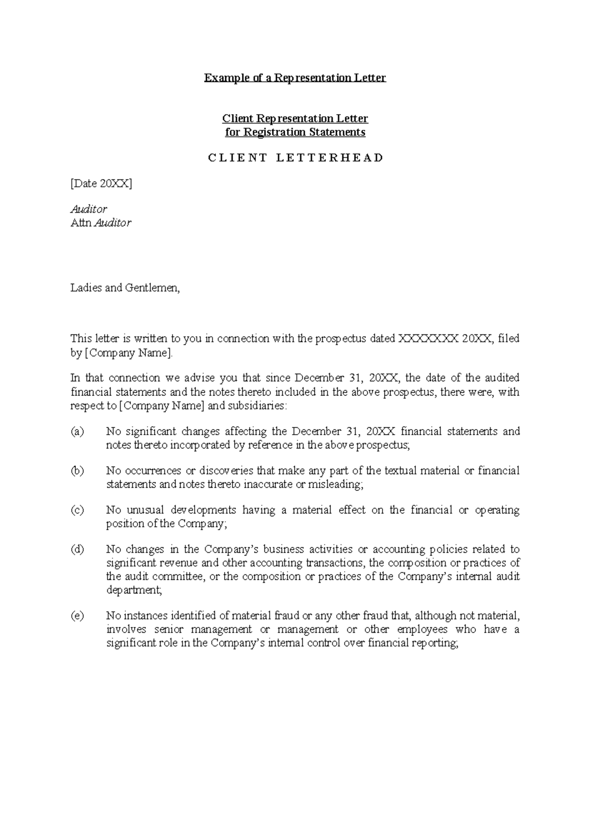 Representation letter Example Of A Representation Letter Client