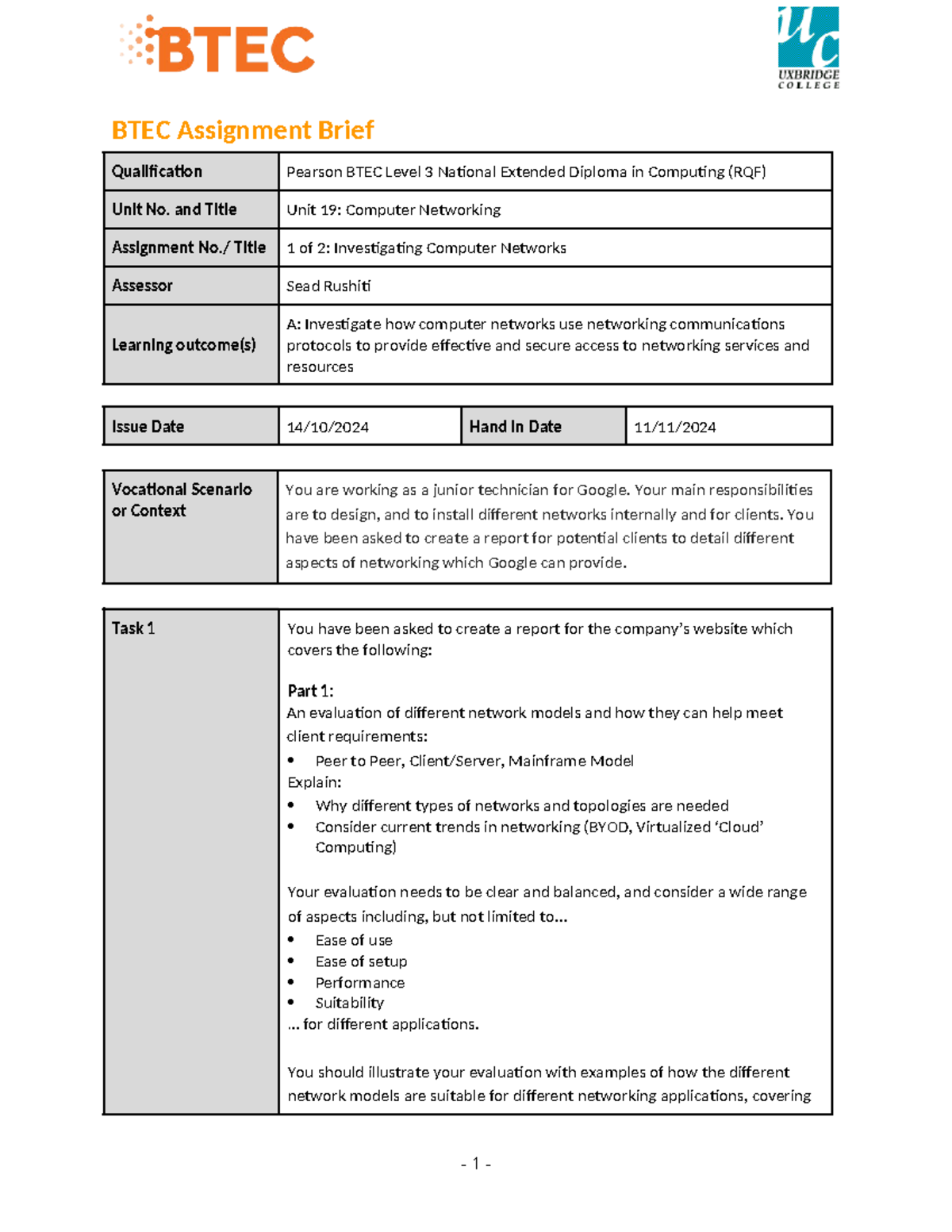 Unit 19 - Assignment 1 Brief 1 - BTEC Assignment Brief Qualification Pearson BTEC Level 3 ...