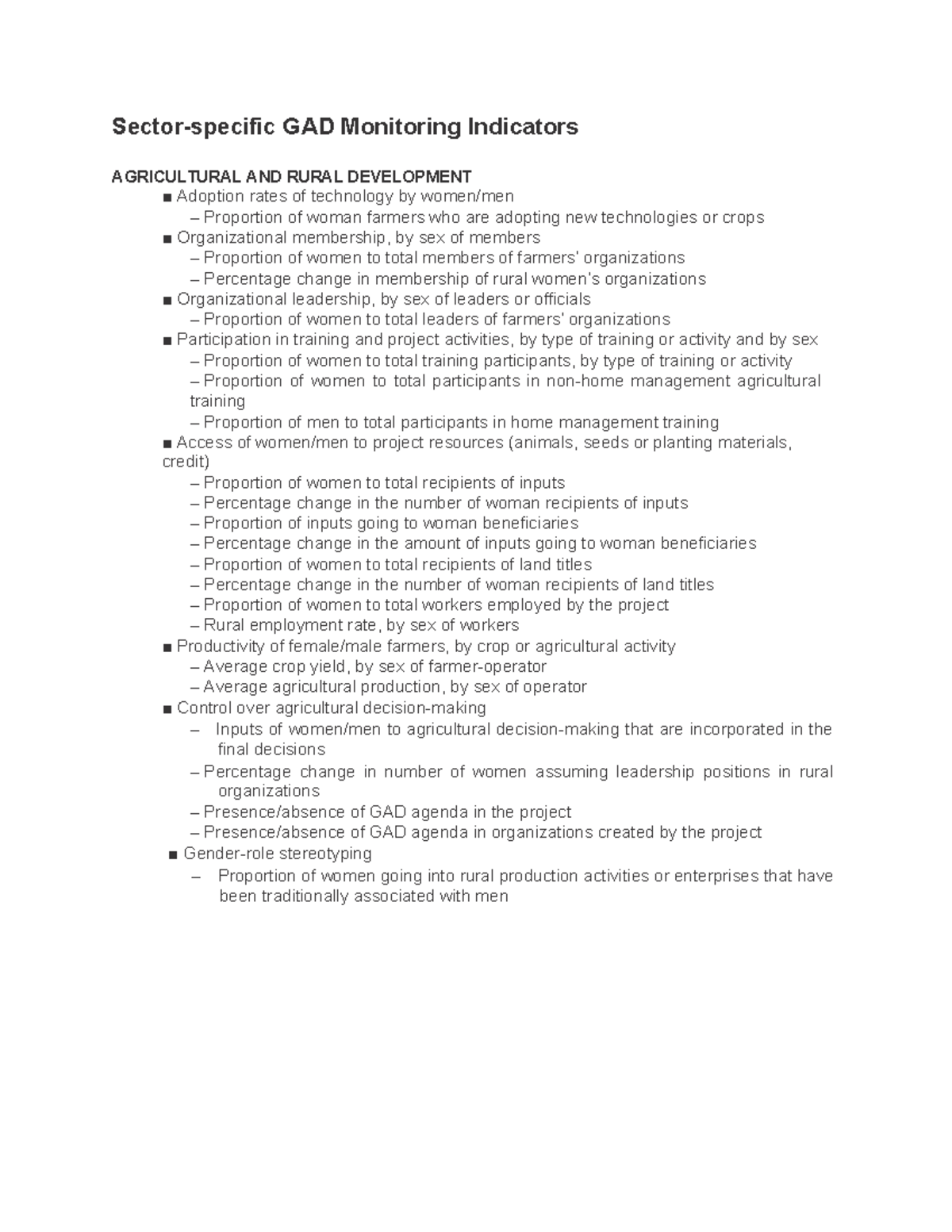 GAD Agriculture Sectoral Indicators for Database - Sector-specific GAD ...