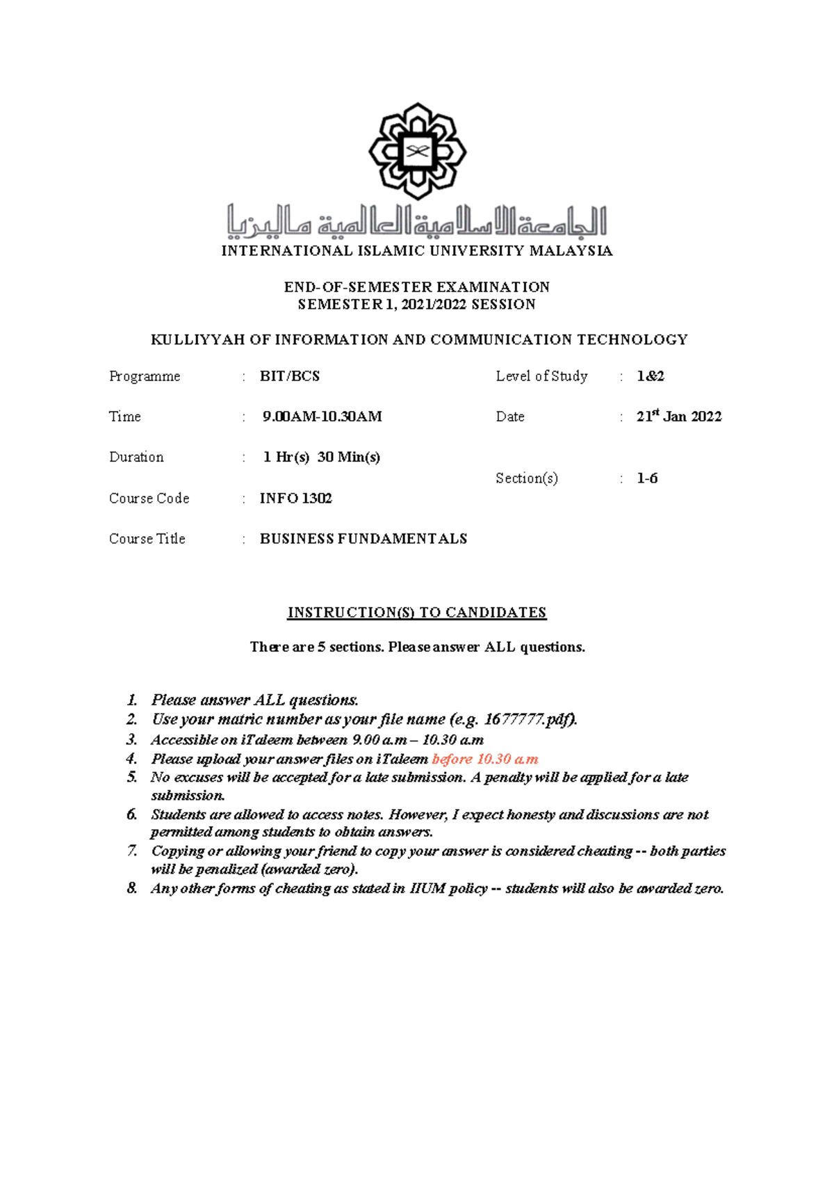 BF Final Sem 1 2122 - INFO 1302 BUSINESS FUNDAMENTALS KICT IIUM PAST ...