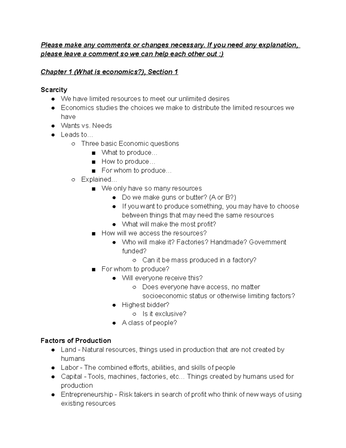 Economics Notes - Please make any comments or changes necessary. If you ...