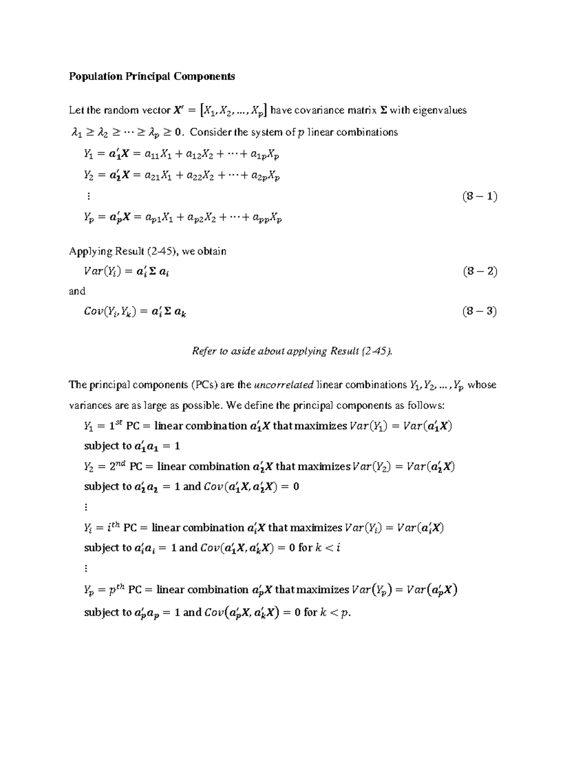 Population Principal Components - Consider the system of þ linear ...