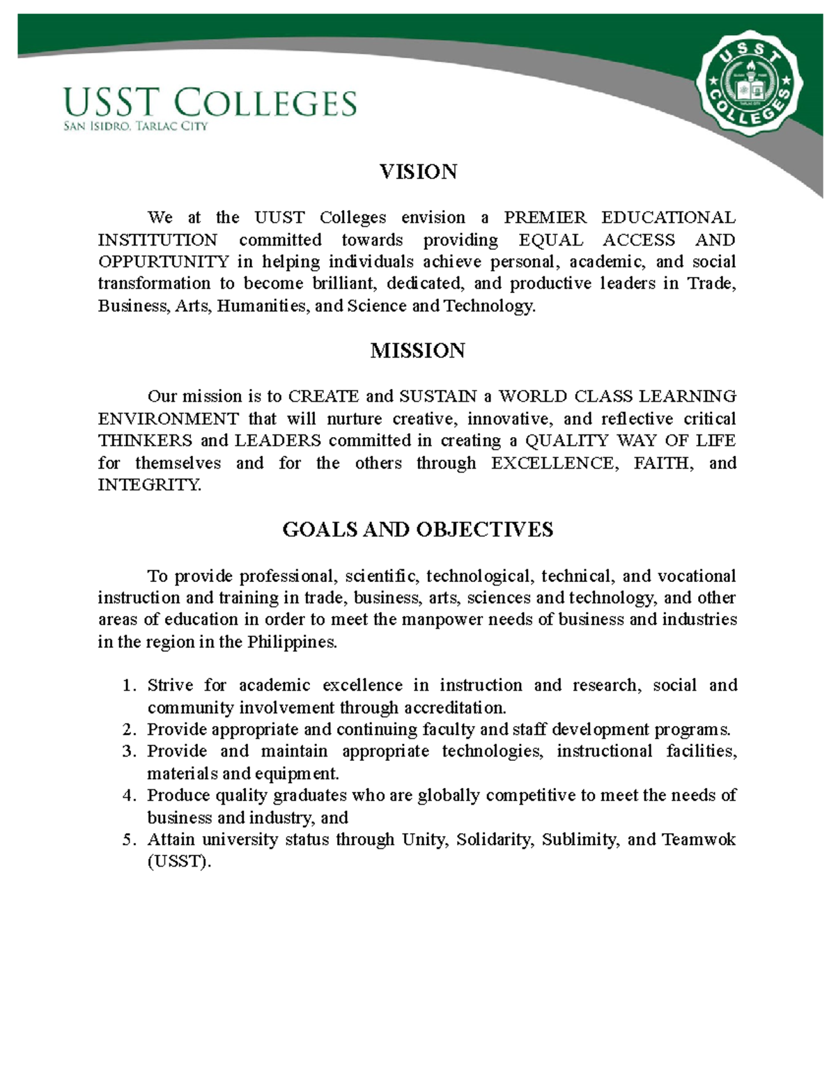 UUST Mission and Vision - VISION We at the UUST Colleges envision a ...