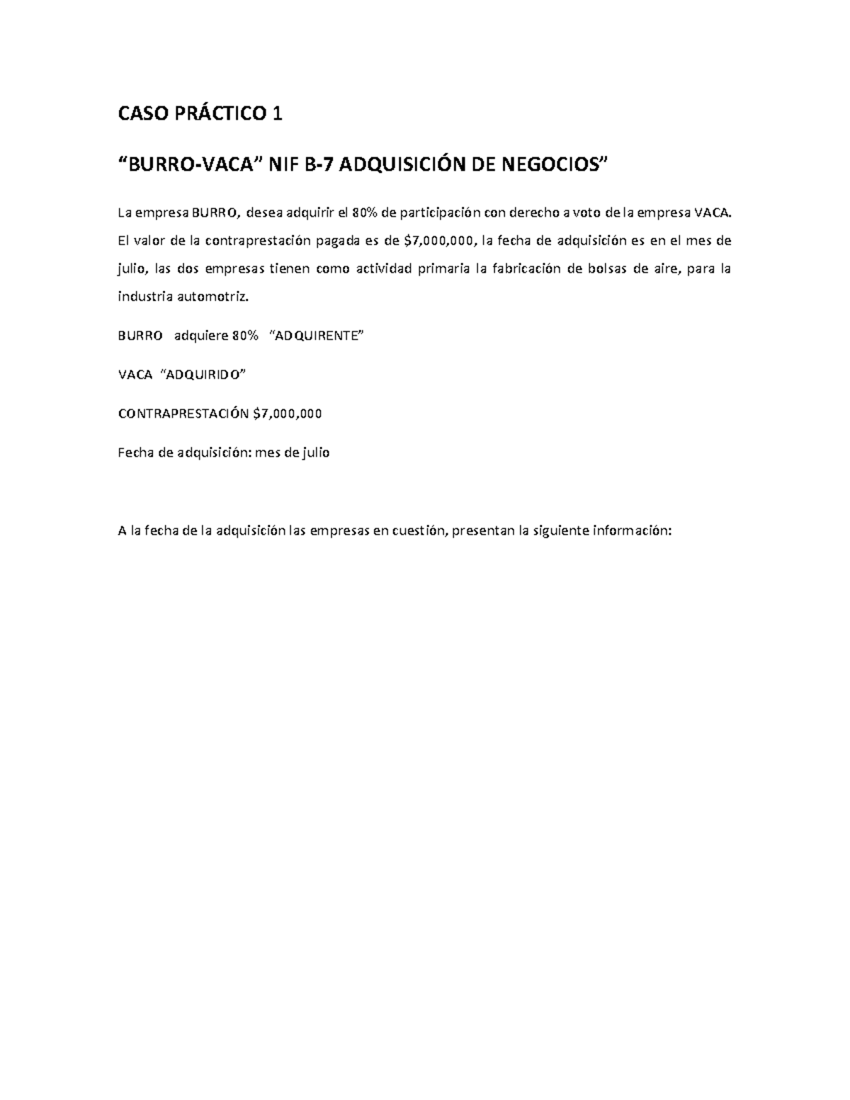 CASO Práctico 1 Burro-VACA - CASO PRÁCTICO 1 “BURRO-VACA” NIF B-7 ADQUISICIÓN DE NEGOCIOS” La ...
