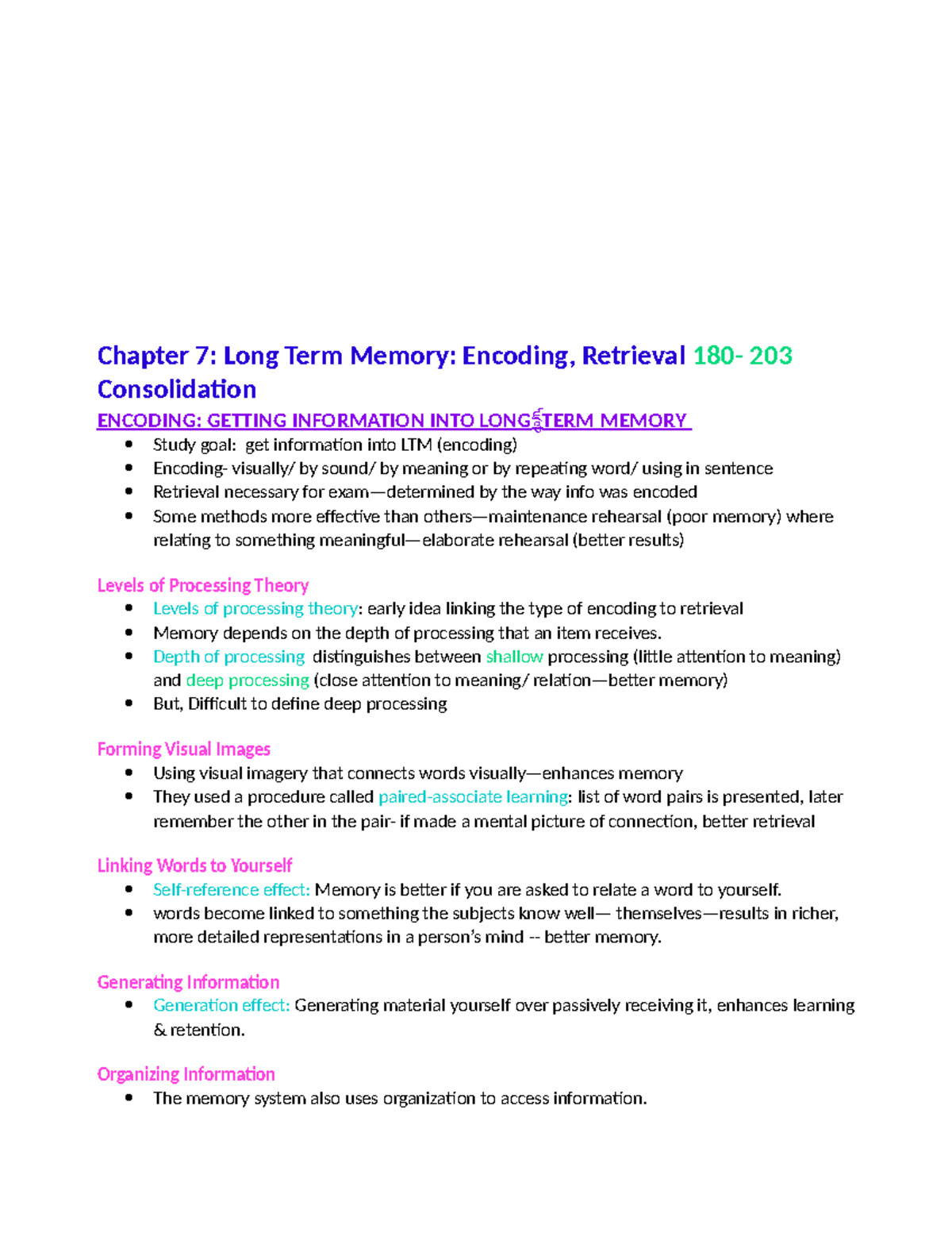 Cognitive psych-8 - Chapter 7: Long Term Memory: Encoding, Retrieval 180- 203 Consolidation ...