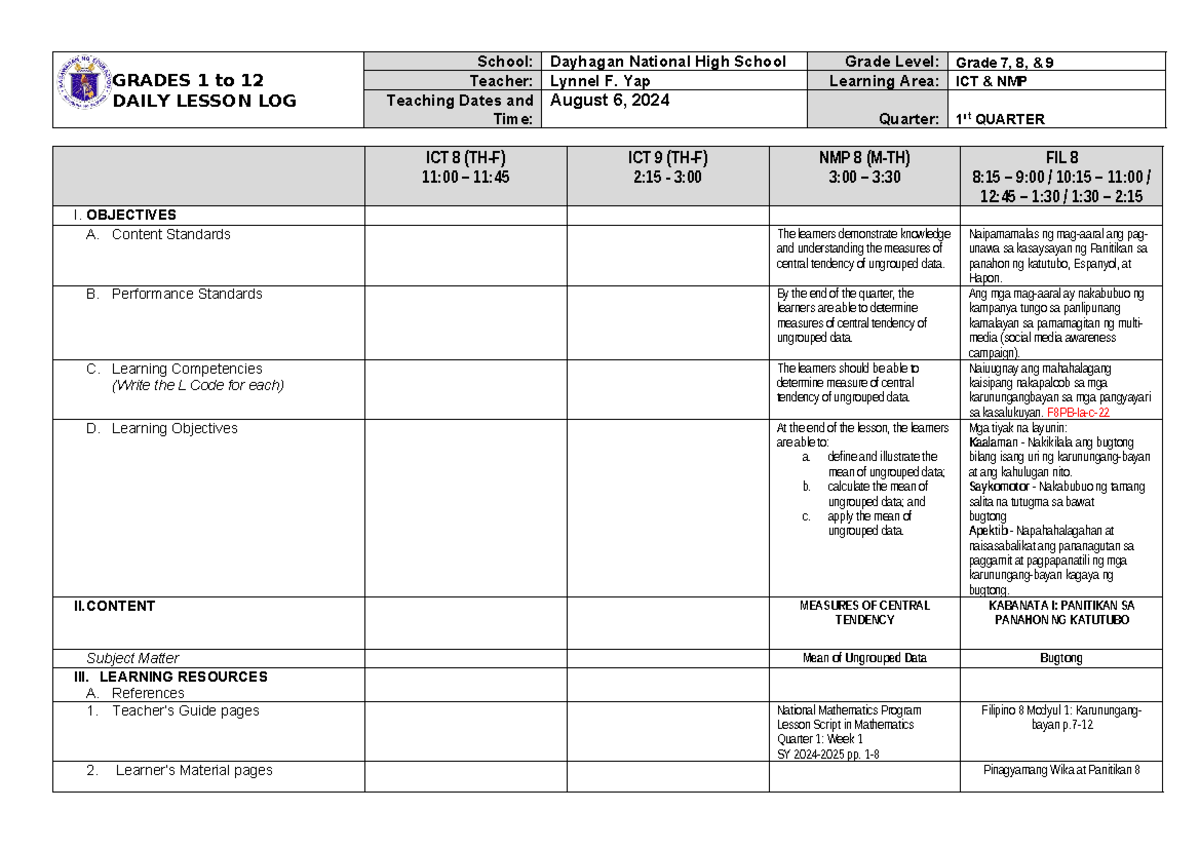 DLL 08 - Daily Lesson Log - GRADES 1 to 12 DAILY LESSON LOG School ...