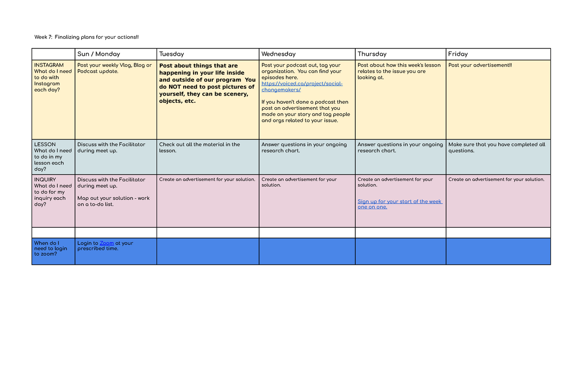 Q2 Week 7 at a Glance - Week 7: Finalizing plans for your actions!! Sun ...