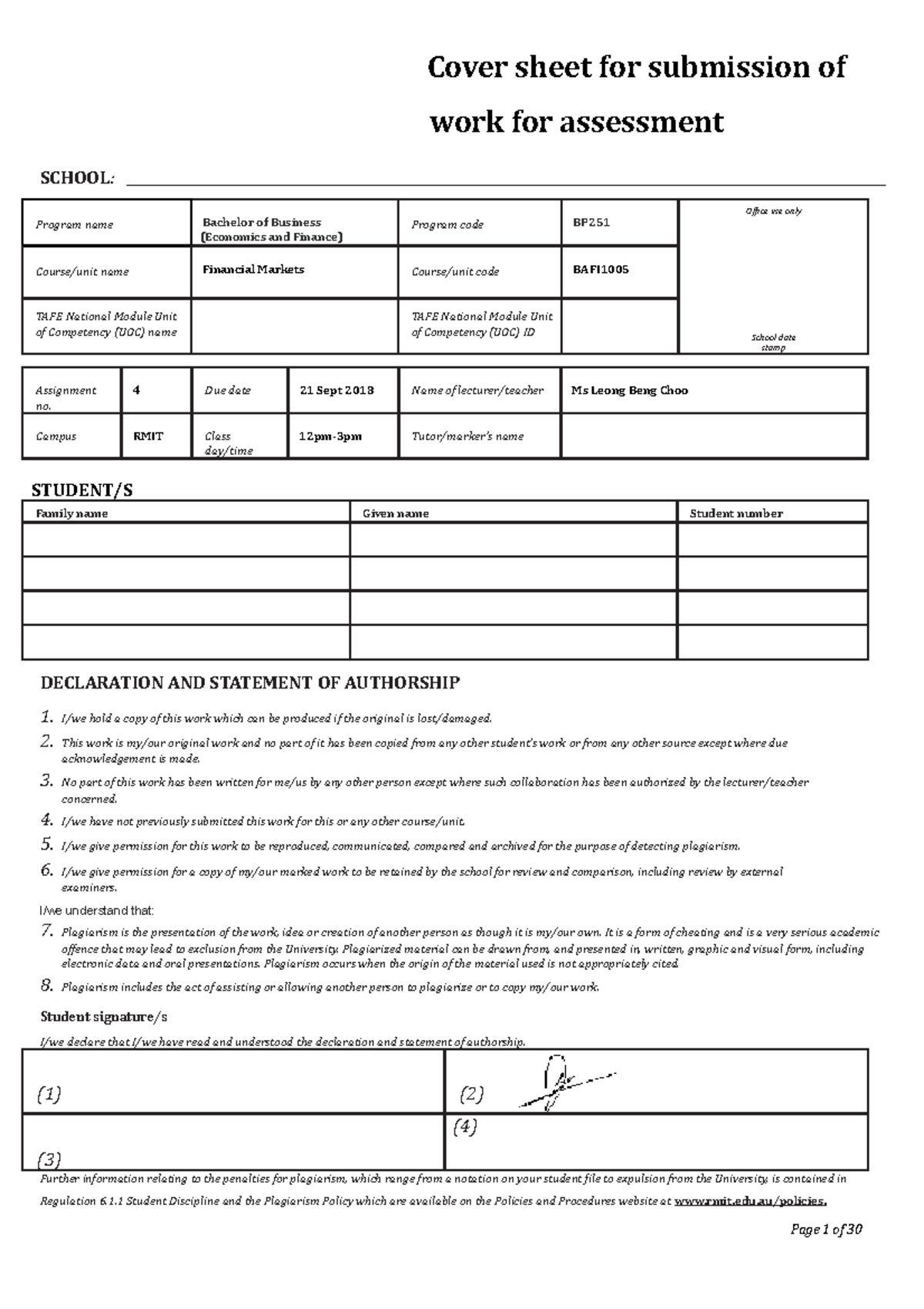 FM Assignment FULL - Cover sheet for submission of work for assessment ...