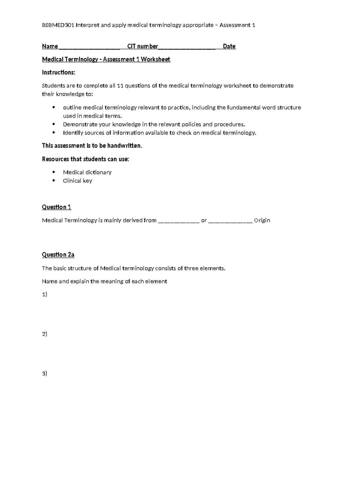 Assessment One Worksheet - Name ___________________ CIT number ...