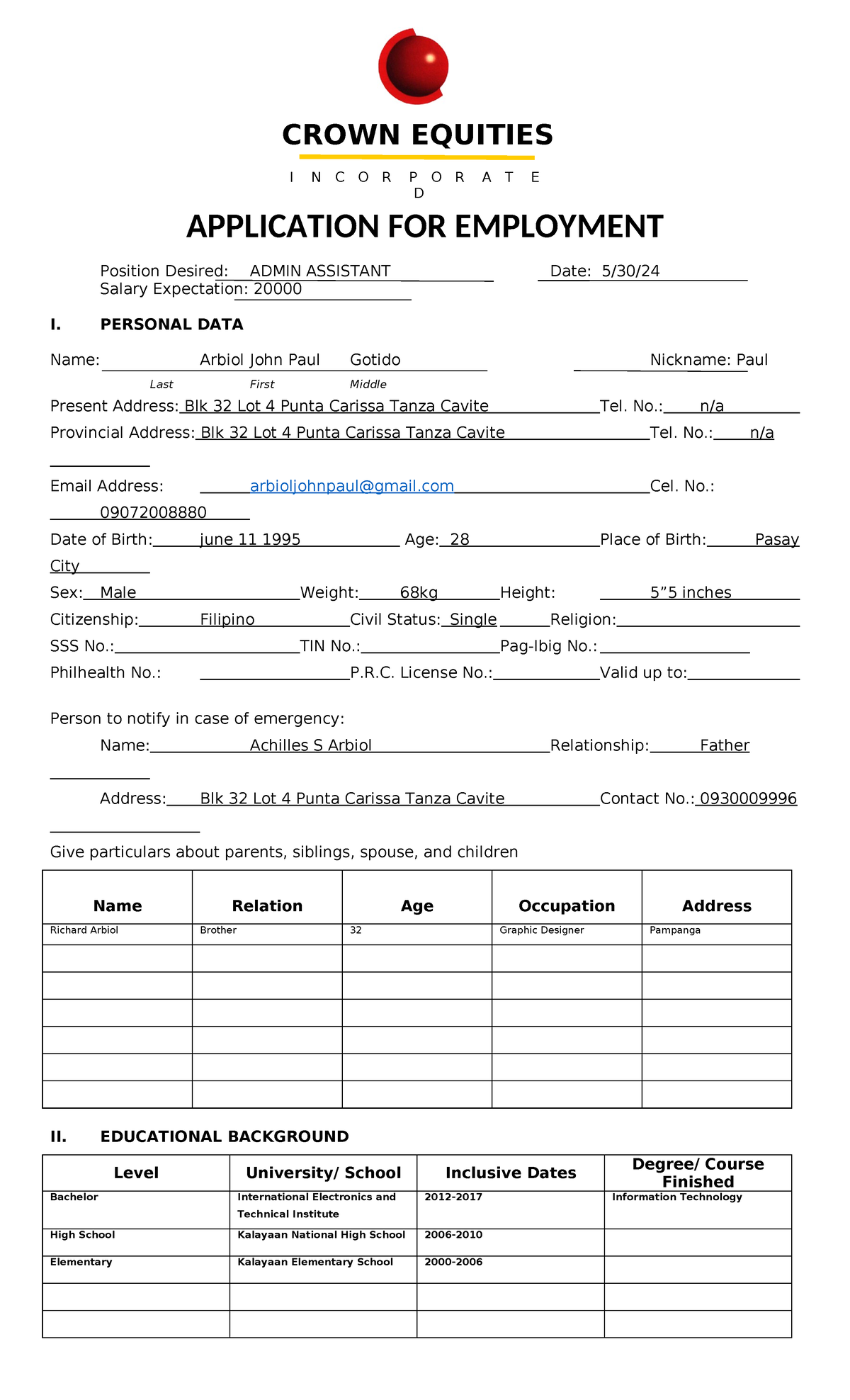 CEI Employment Application FORM - CROWN EQUITIES I N C O R P O R A T E ...