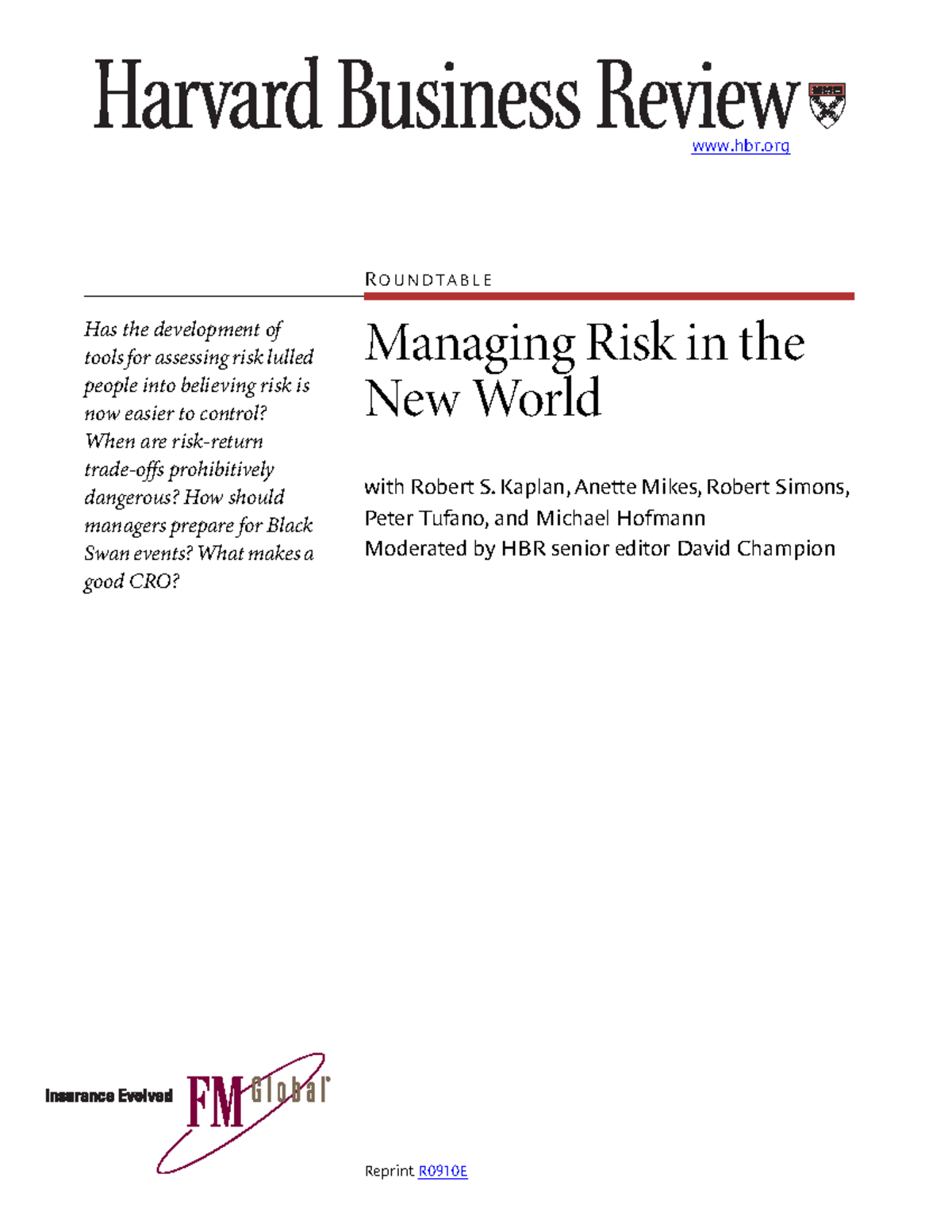 Managing risk in the new world - hbr R O U N D T A B L E Managing Risk ...
