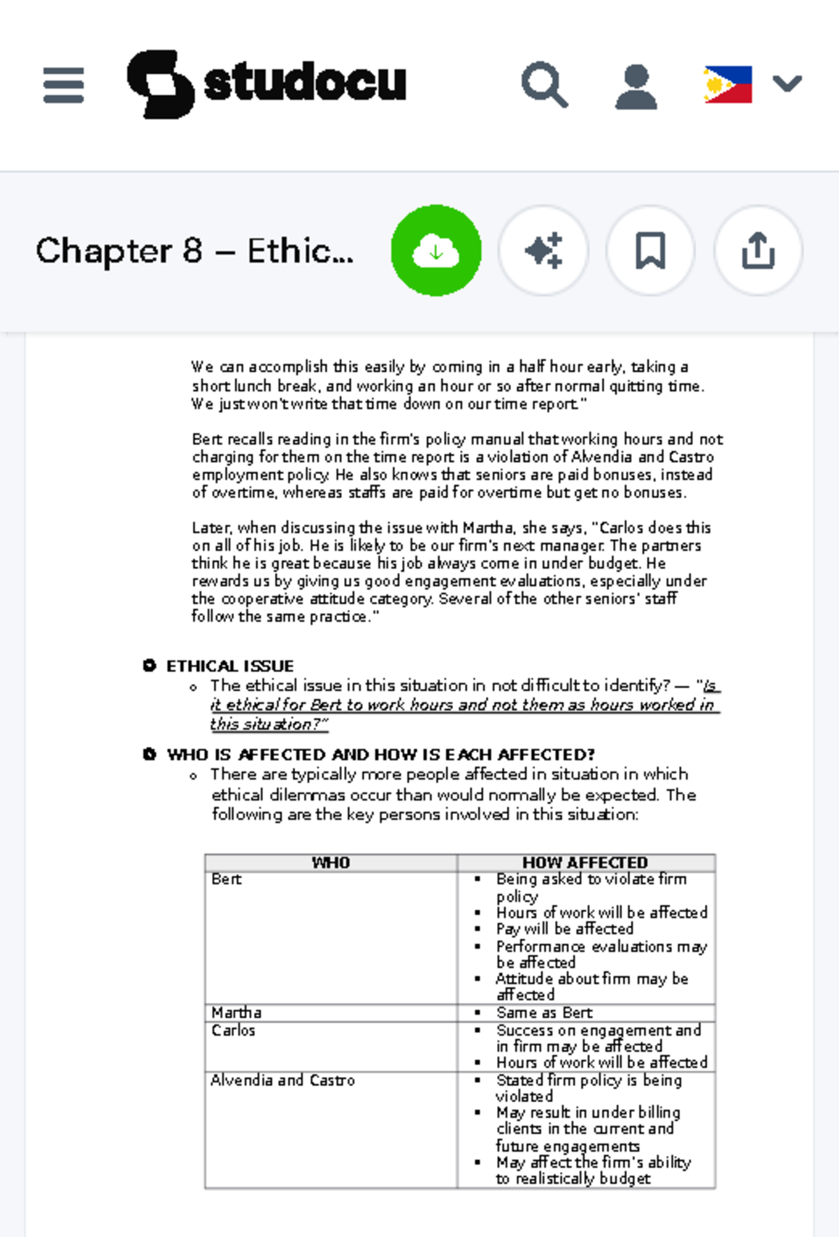 Chapter 8 – Ethical Dilemma - Chapter 8 – Ethical… - During lunch on the first day, Carlos says ...
