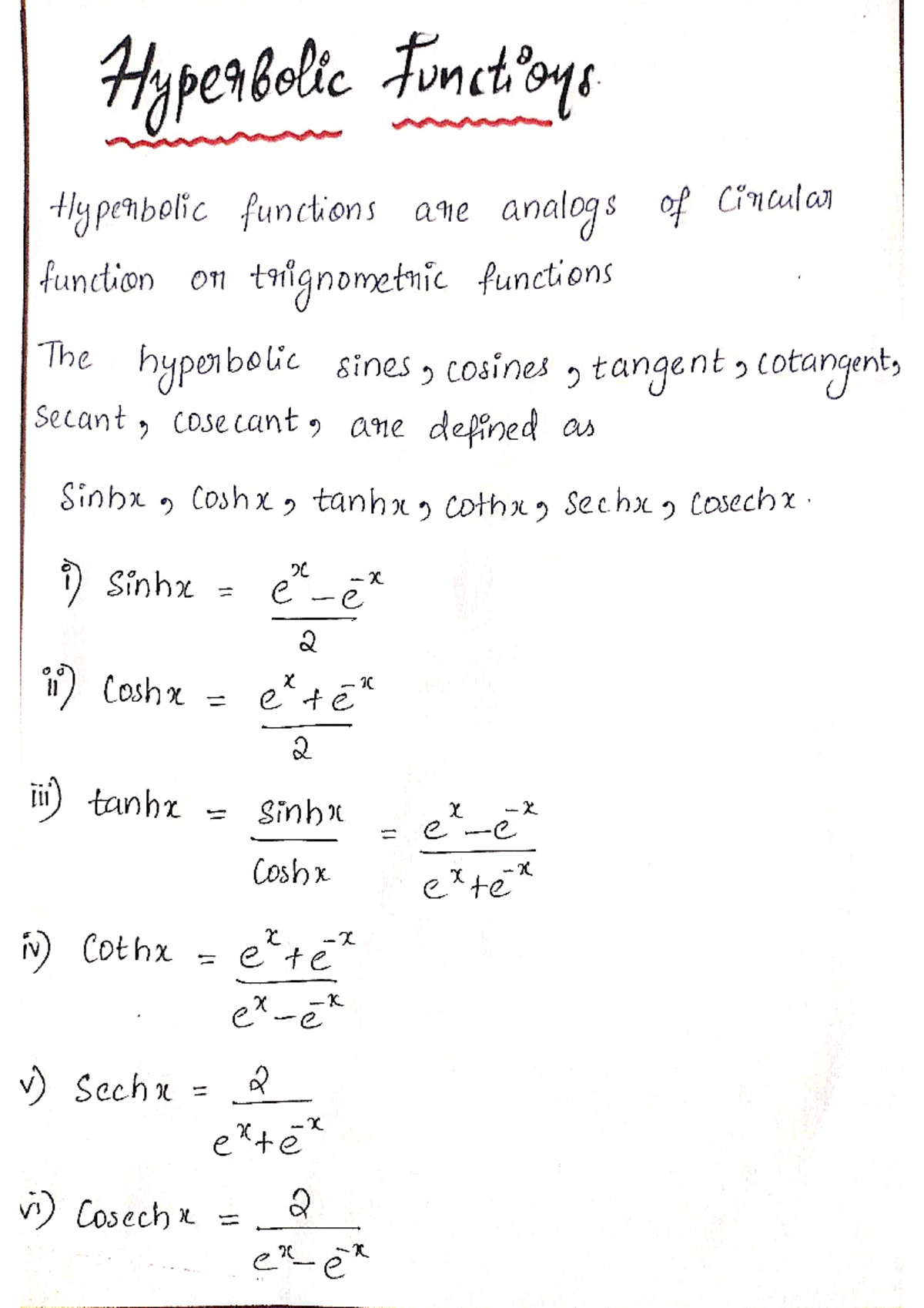 Hyperbolic functions - Trigonometry And Differential Equations - Studocu