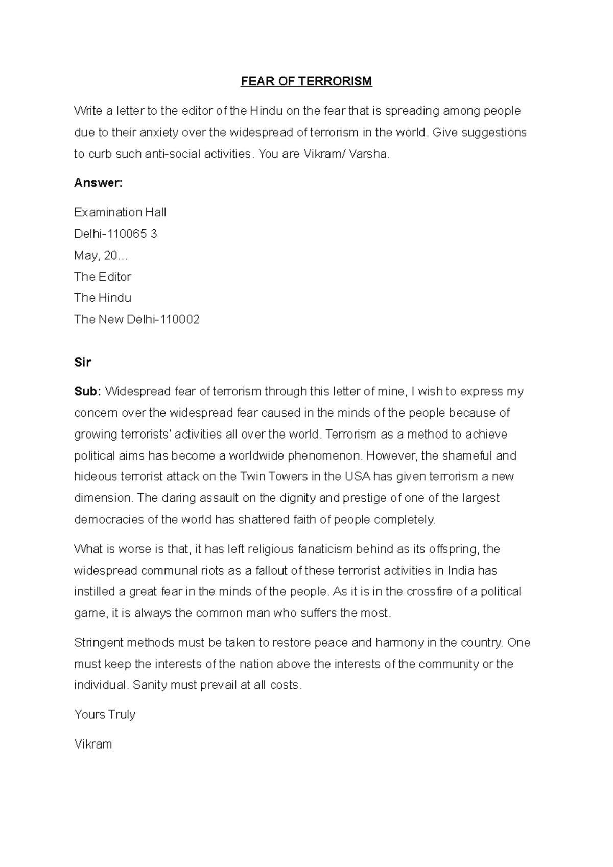 FEAR OF Terrorism - A composition based on a formal letter to the ...