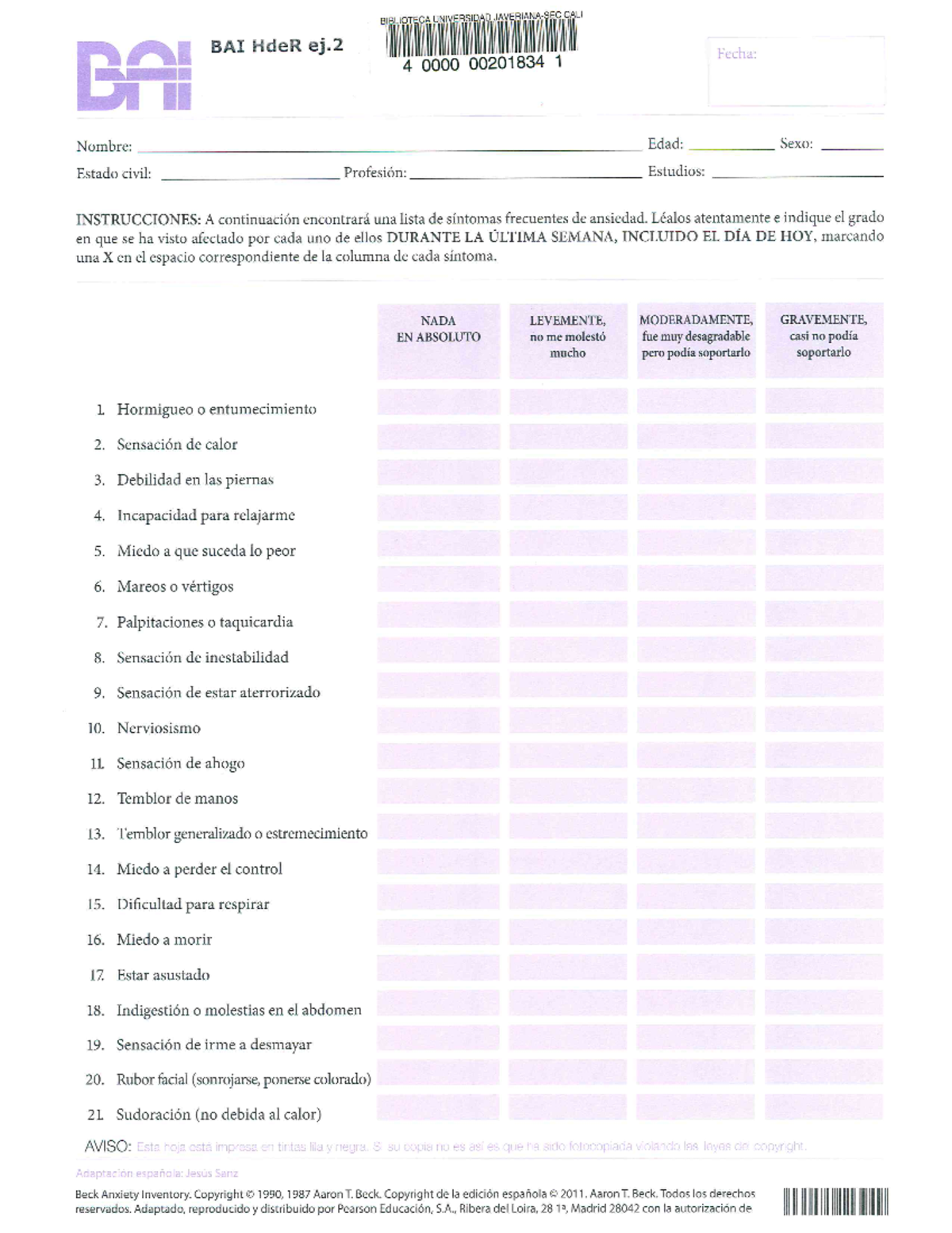 Ansiedad TEST BAI - Medición y evaluación psicológica - Studocu