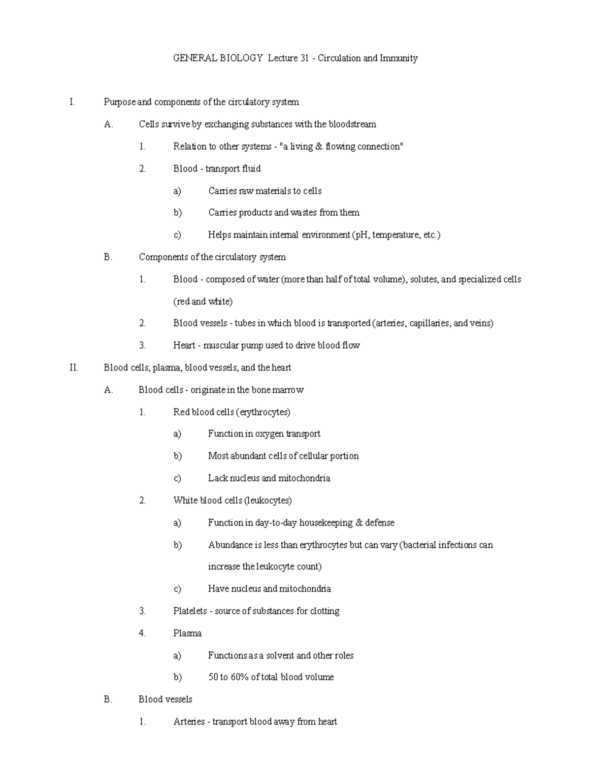 Bio Notes Lecture 31-Circulation - GENERAL BIOLOGY Lecture 31 ...