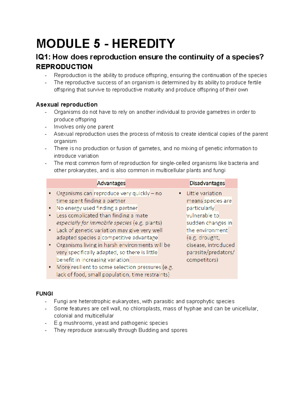 Yr 12 Biology notes - MODULE 5 - HEREDITY IQ1: How does reproduction ...