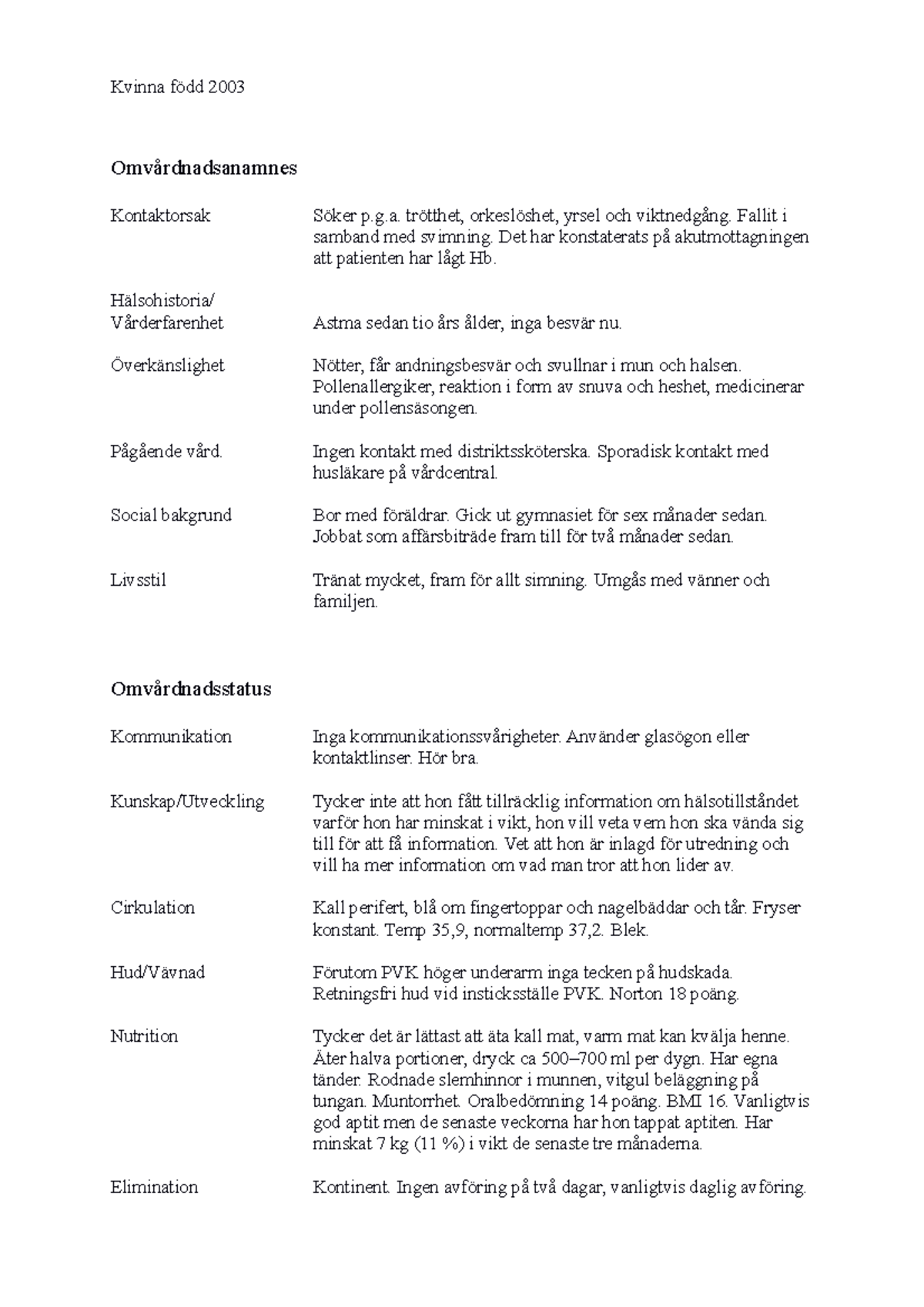 Kvinna född 2003 Omvårdnadsbedömning - Kvinna född 2003 ...