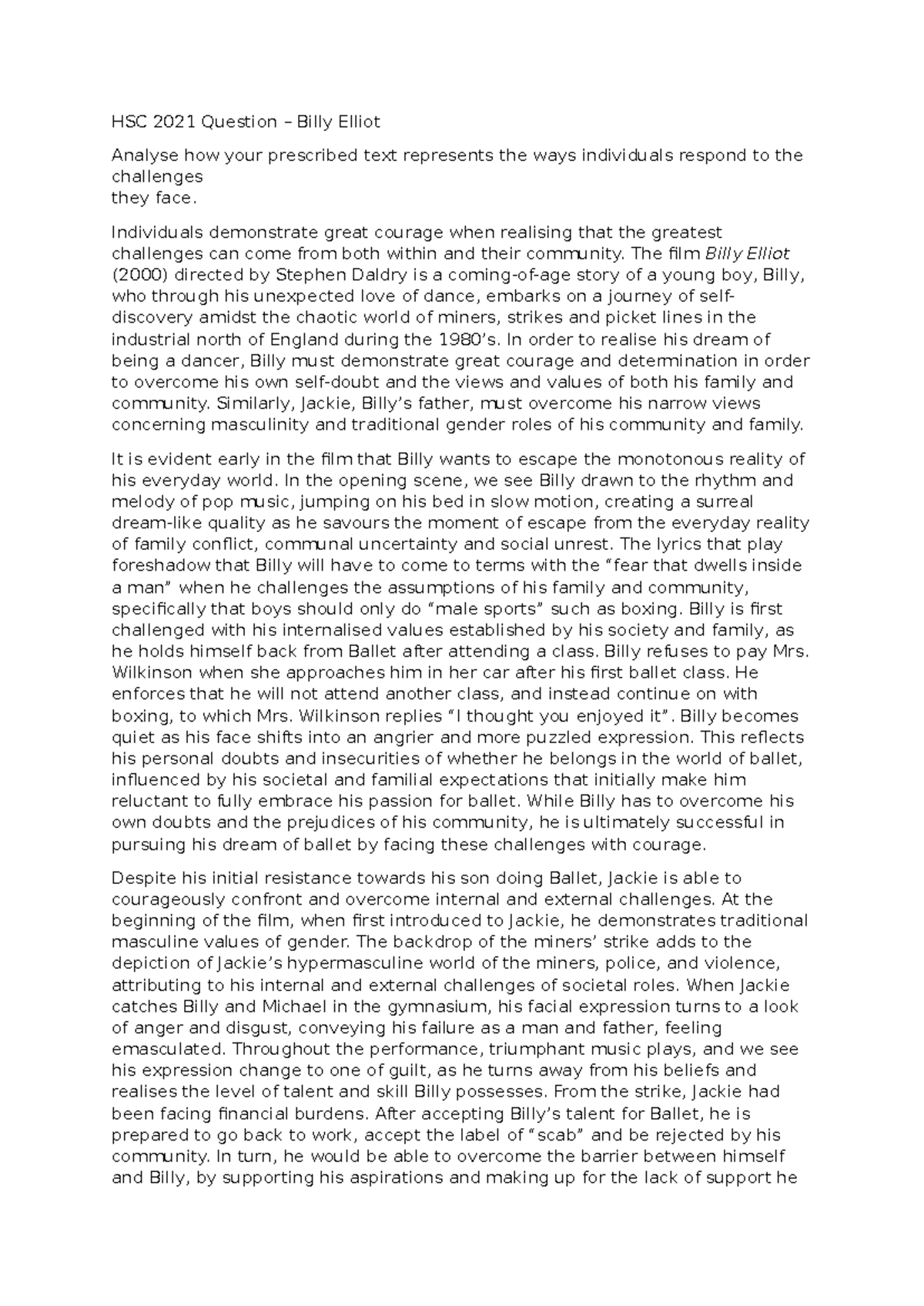 HSC 2021 Question - Billy Elliot - HSC 2021 Question – Billy Elliot ...