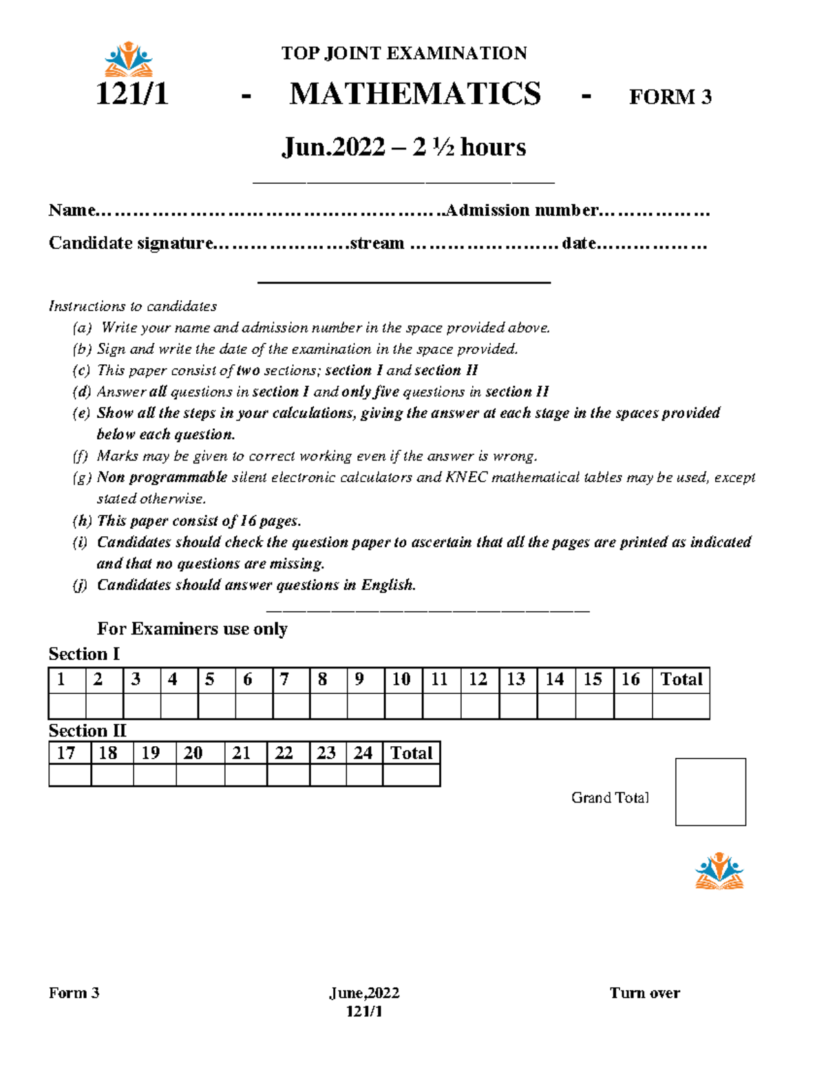 TOP MATH Joint FORM 3 Paper 1 Question Paper - Form 3 June,2022 Turn ...
