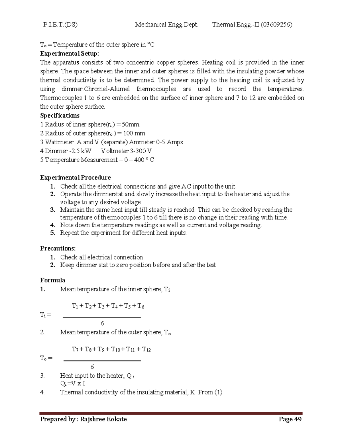 Thermal Engg.-II Lab Manual - To = Temperature of the outer sphere in oC Experimental Setup: The ...