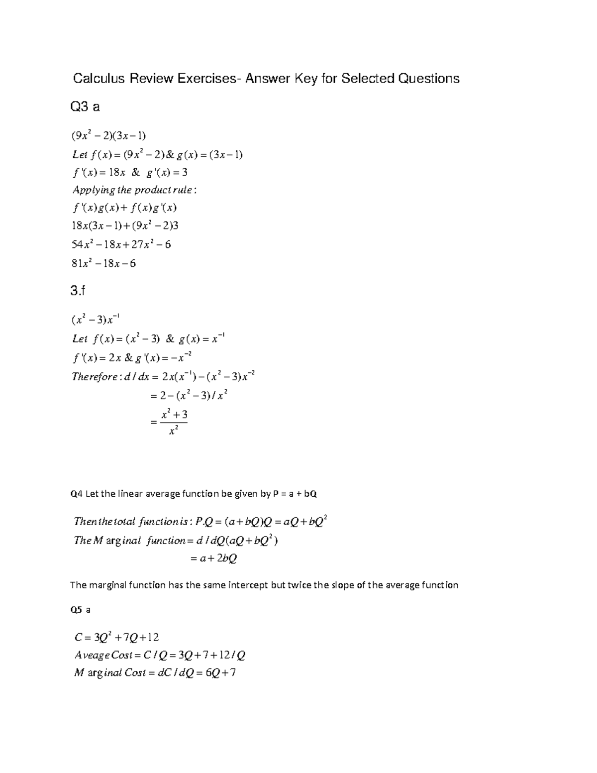 Answer Key Calculus Exrecises - Calculus Review Exercises- Answer Key ...