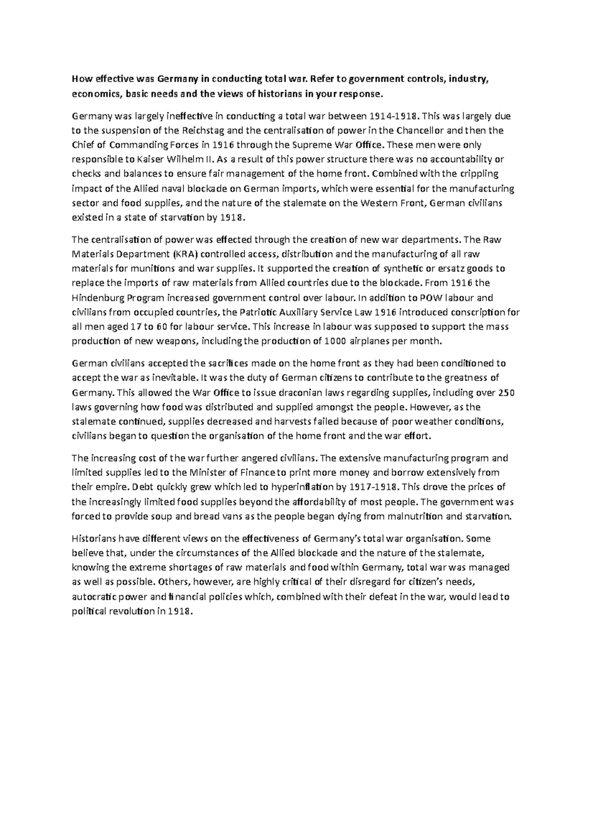 WW1 - How effective was Germany in conducting total war - Refer to ...