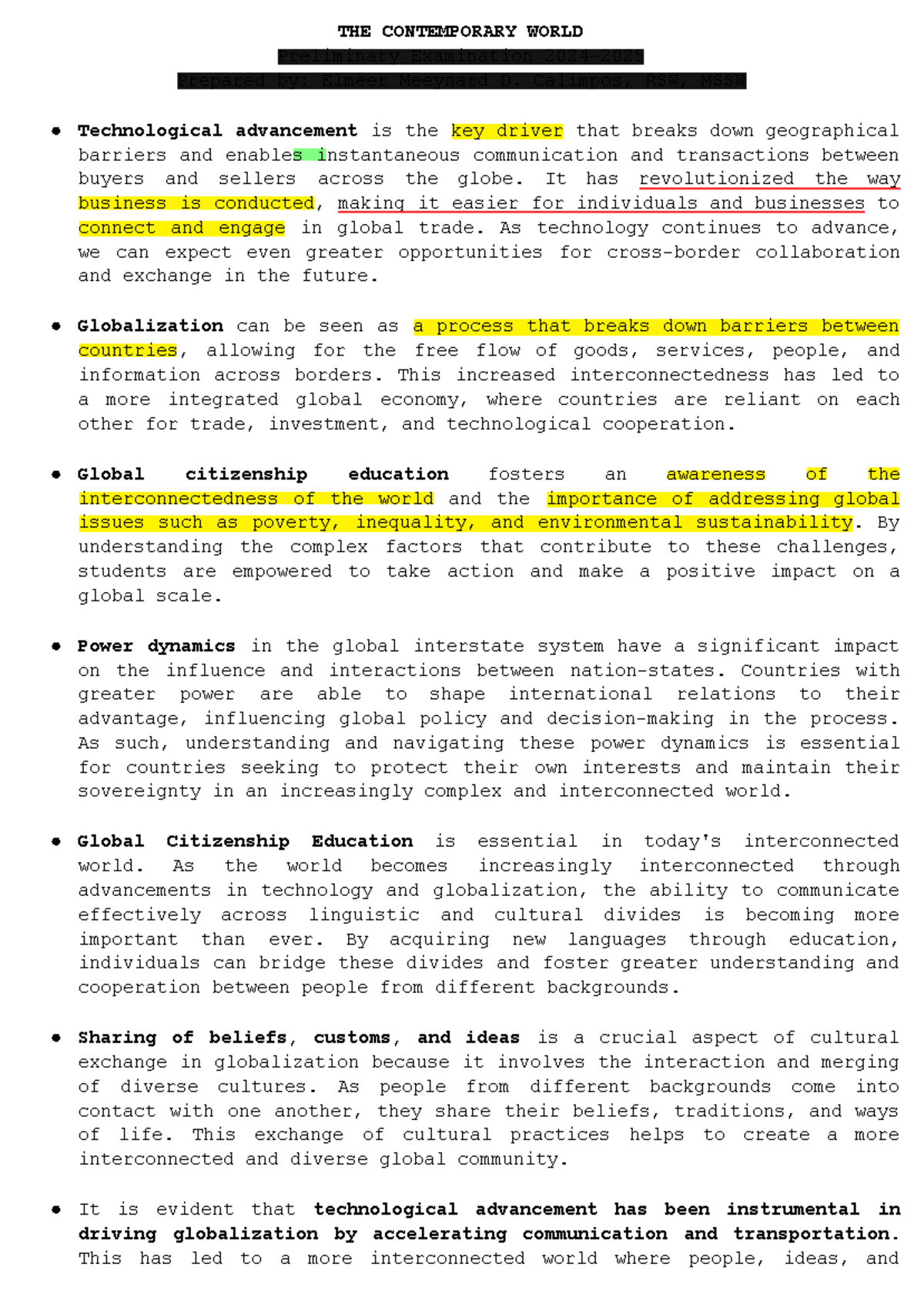 The Contemporary world - THE CONTEMPORARY WORLD Preliminary Examination ...