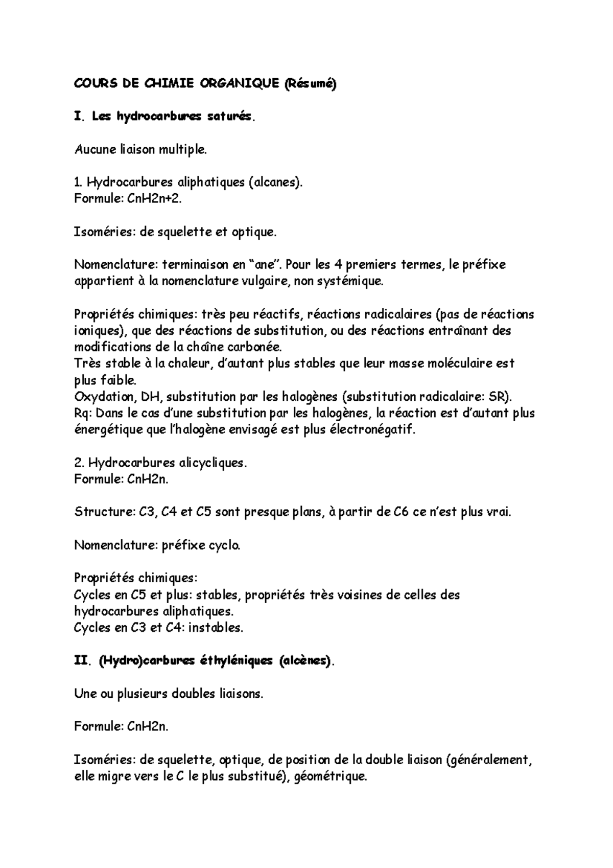 Resume 4 chimie organique - COURS DE CHIMIE ORGANIQUE (Résumé) I. Les hydrocarbures saturés ...